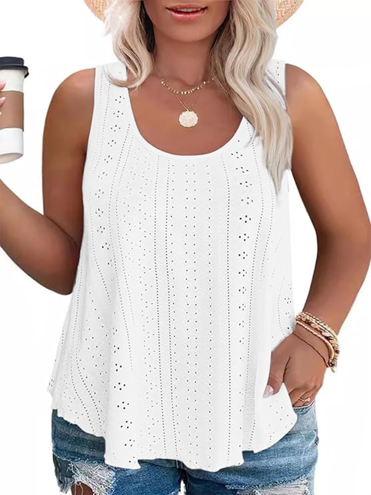 LANREMON Plus Size Tank Tops Womens Summer Tank Top for Women White Eyelet Embroidery Scoop Neck ...