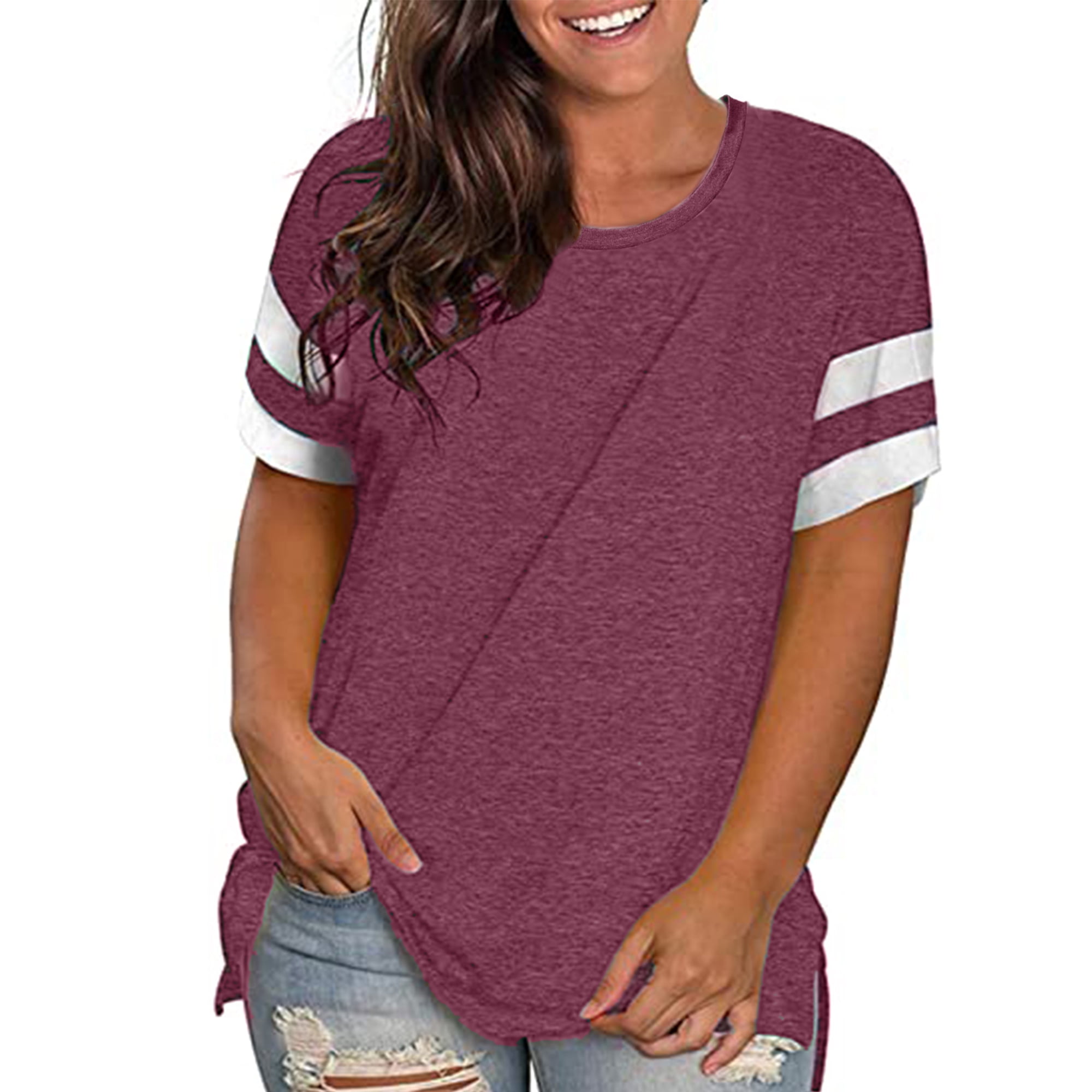 LANREMON Summer Causal Cute Plus Size Tops for Women Crew Neck Striped ...