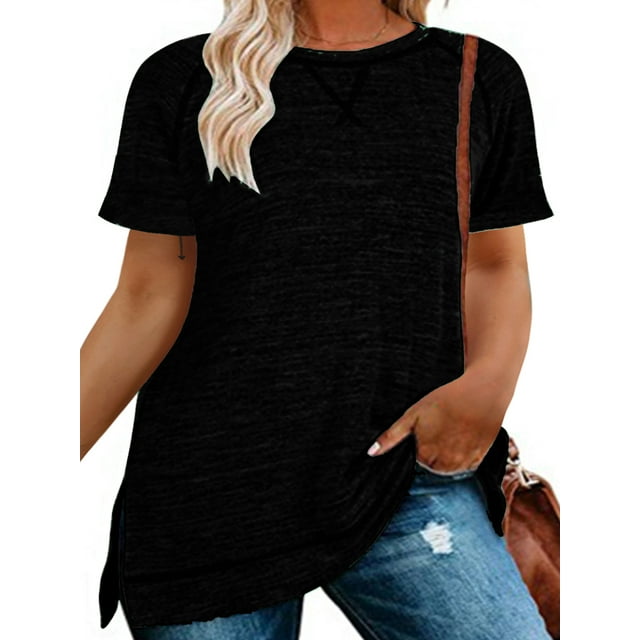 LANREMON Summer Short Sleeve T Shirts for Women Plus Size Casual Crew ...