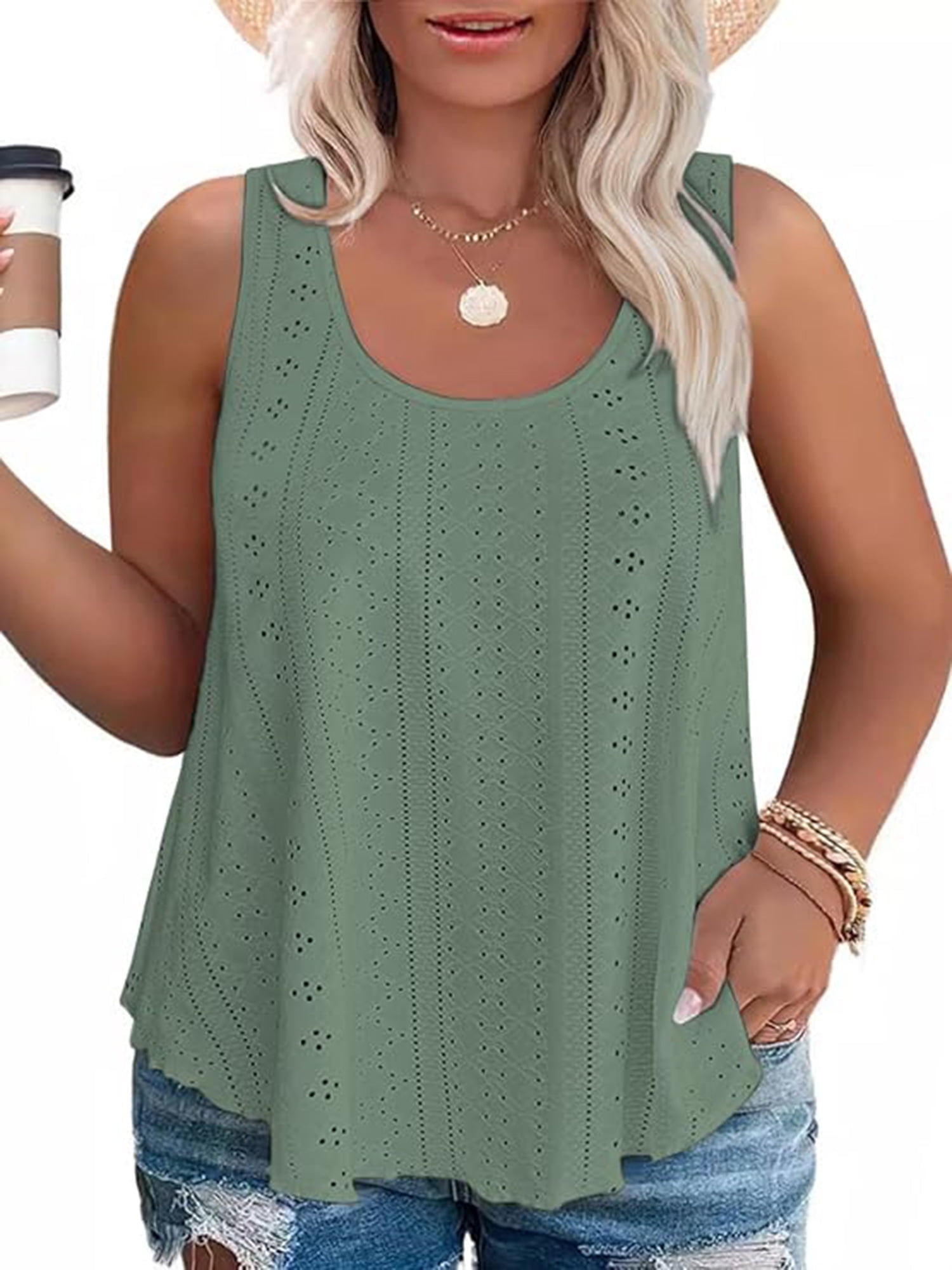 LANREMON Womens Plus Size Tank Tops Summer Camisoles for Women Green Eyelet Embrodery Scoop Neck ...