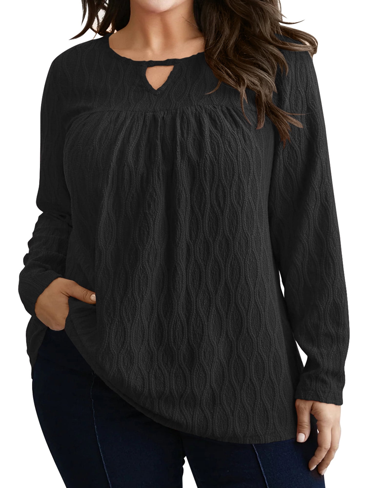 LANREMON Womens Plus Size Tops Long Sleeve Shirts V Neck Textured ...