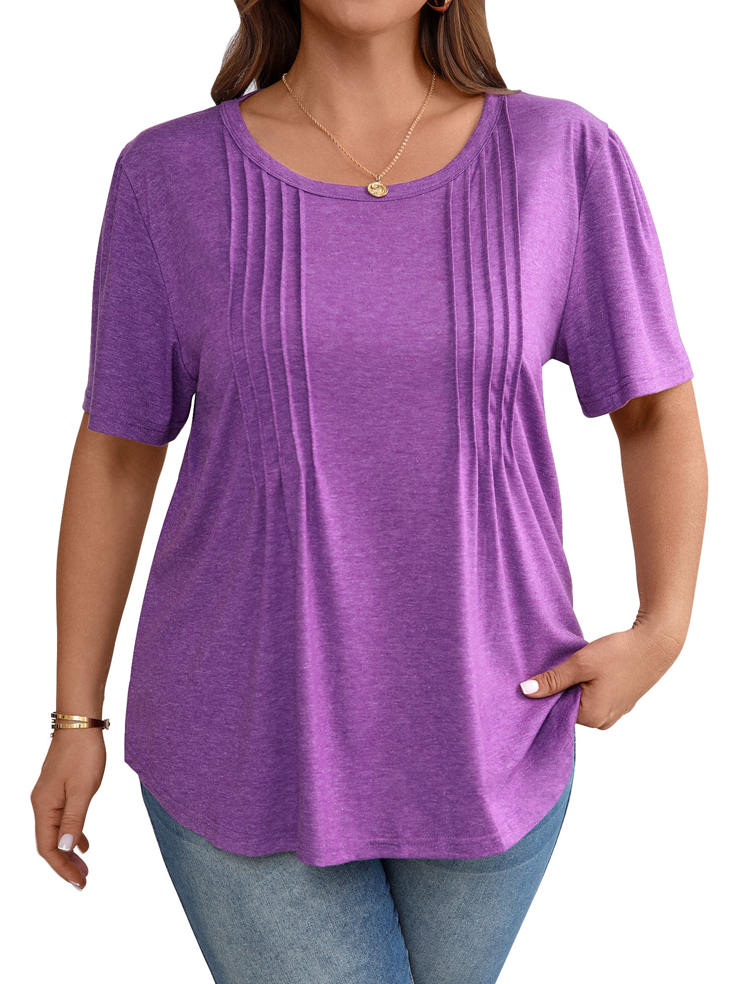 LANREMON Womens Tops Plus Size Short Sleeve Loose Top Crew Neck Top ...