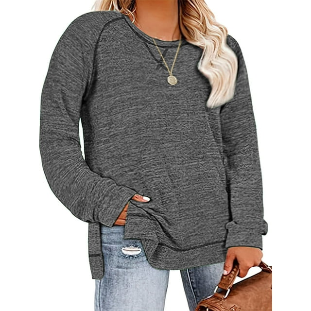 Lanremon Womens Plus Size Tops Long Sleeve Tunic Side Split Pullover