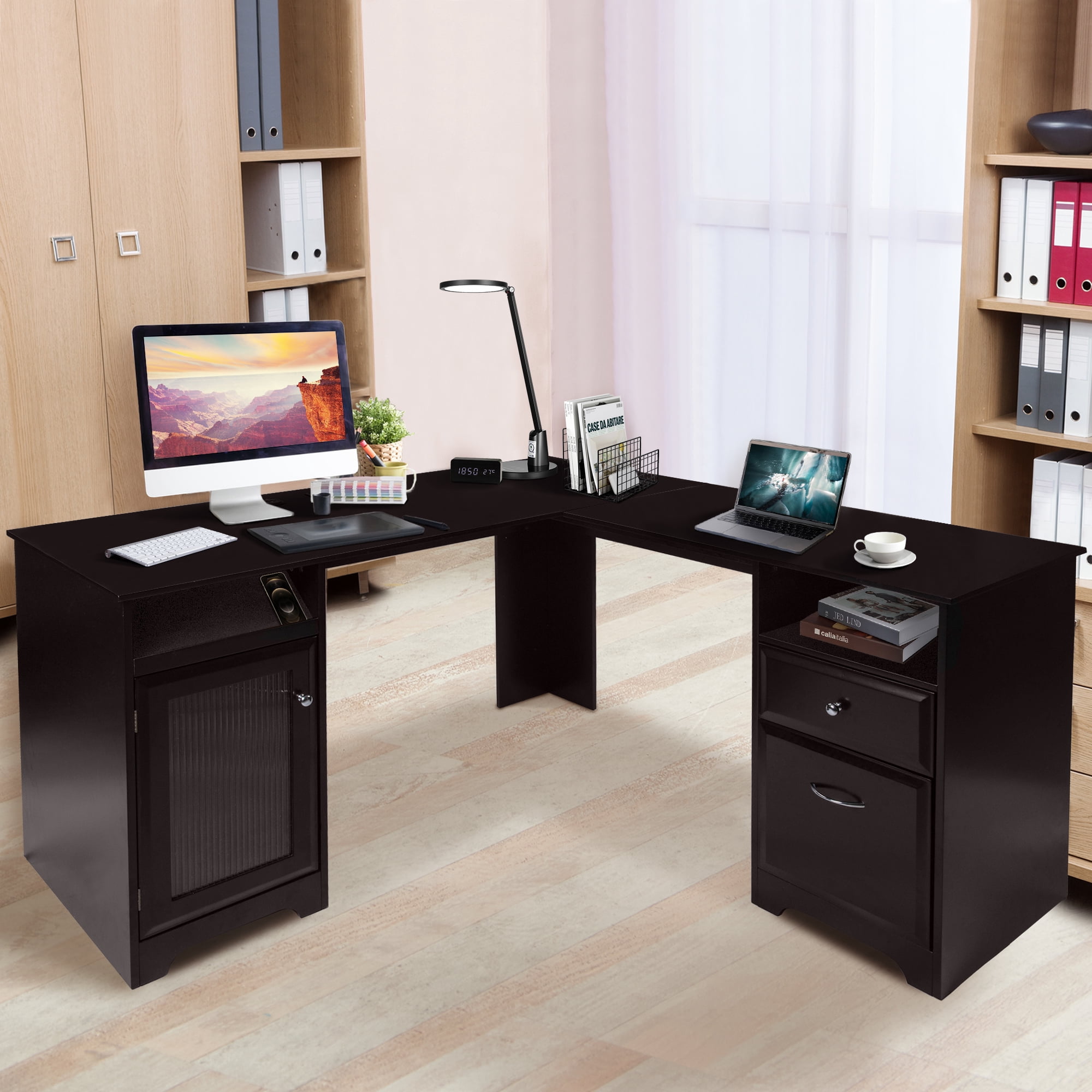 LANTRO JS 58.75" L Shaped Computer Desk Corner Gaming Desk with Storage ...