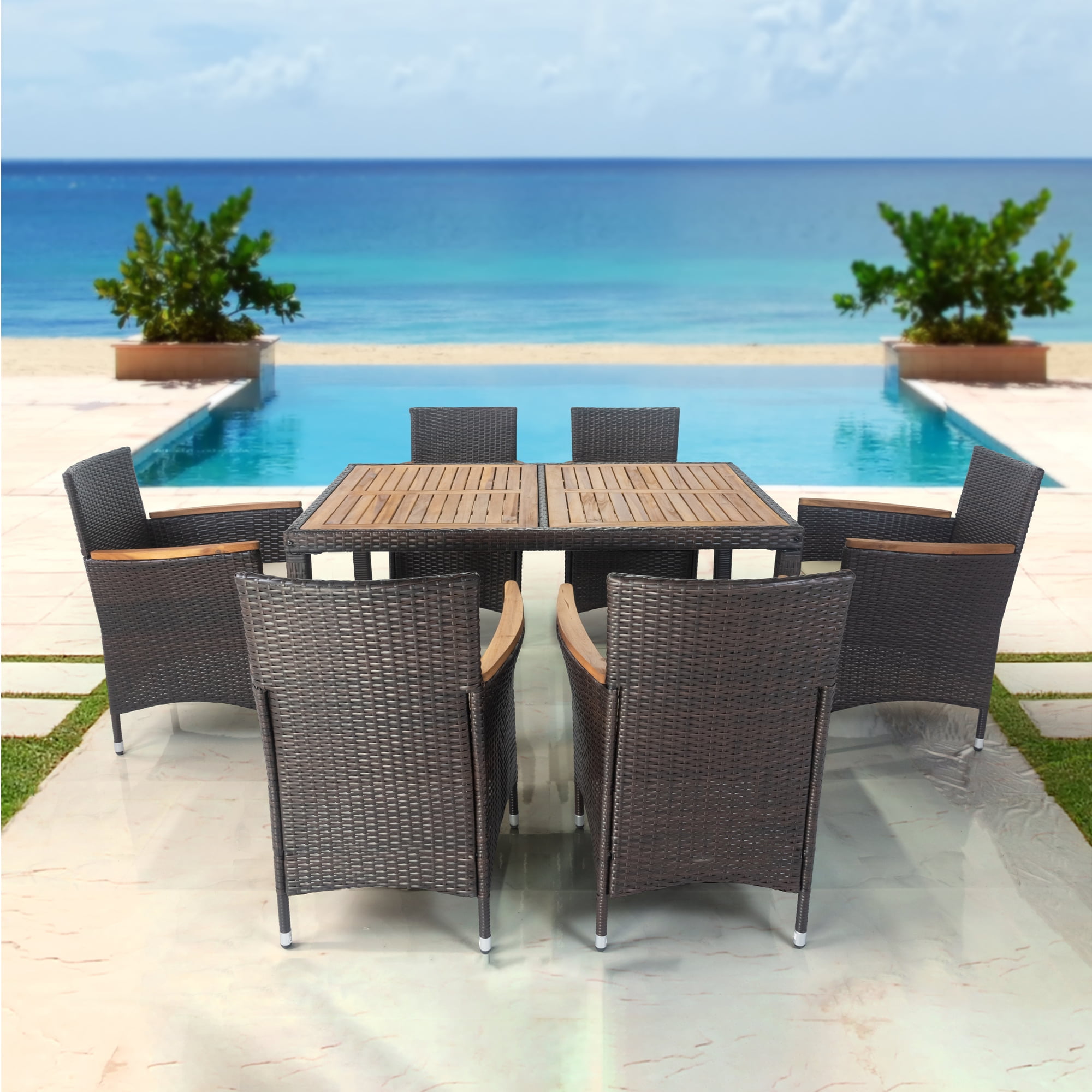 LANTRO JS 7 piece Outdoor Patio Wicker Dining Set Patio Wicker ...