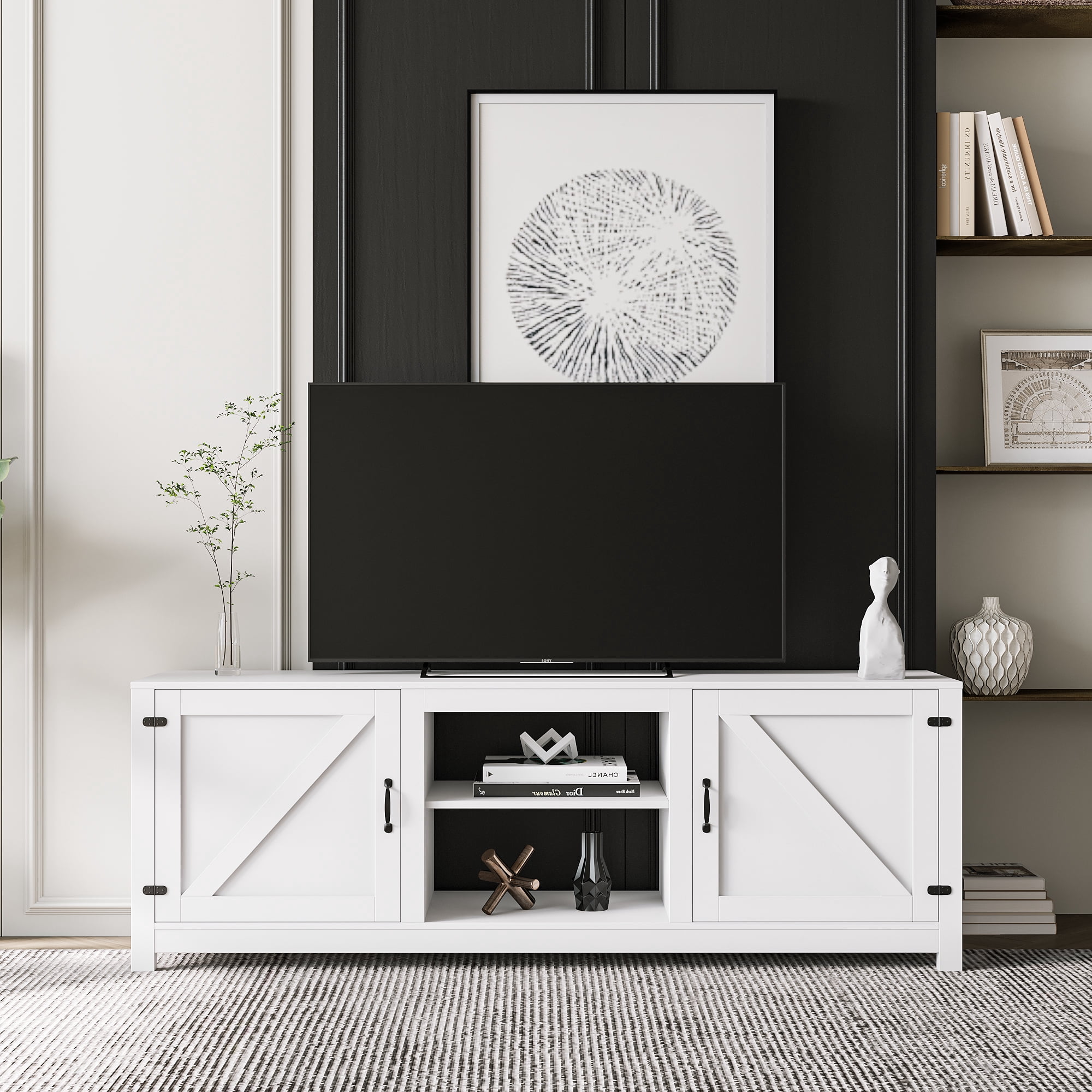 LANTRO JS Farmhouse TV Stand, Wood Entertainment Center Media Console ...