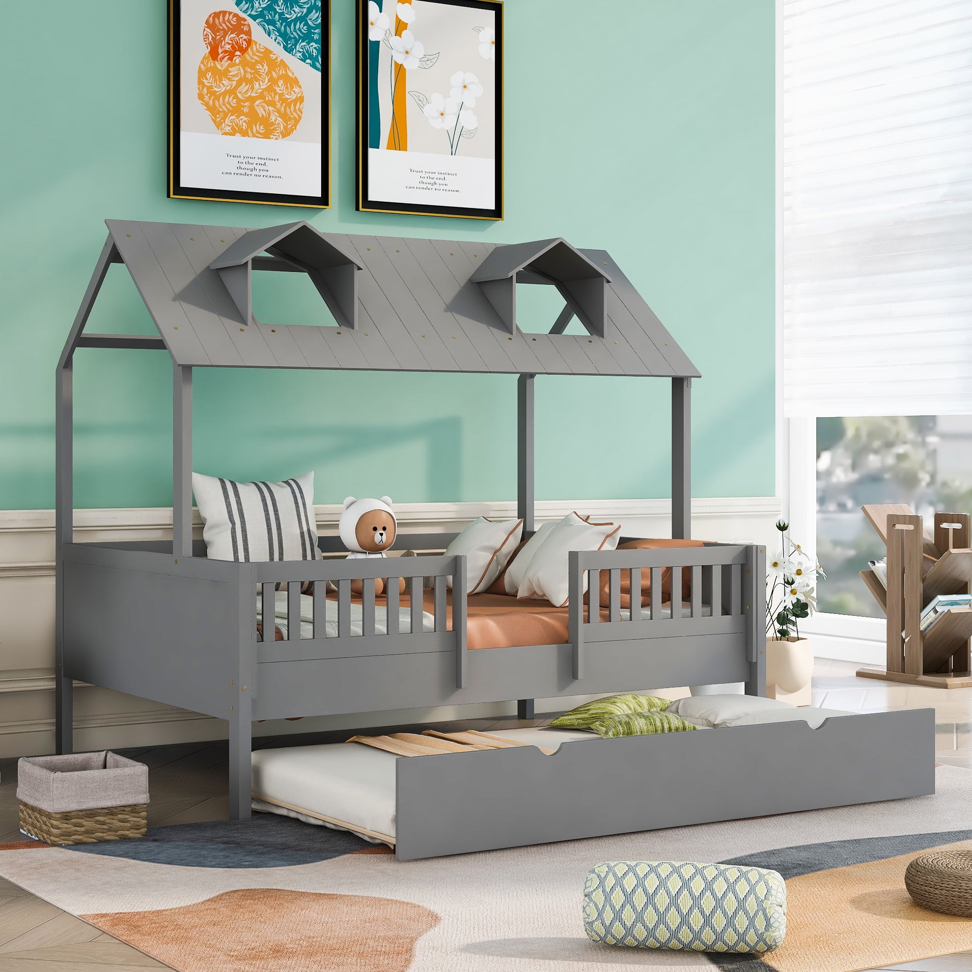 LANTRO JS -Full Size House Bed Wood Bed with Twin SizeTrundle ( Gray ...