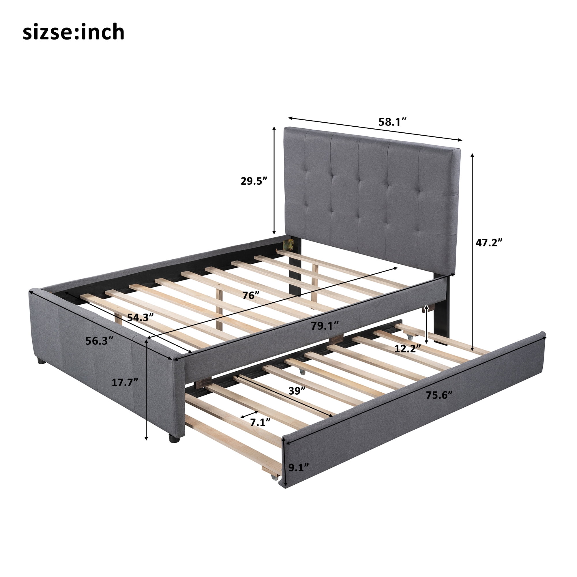 LANTRO JS Linen Upholstered Platform Bed With Headboard and Trundle ...