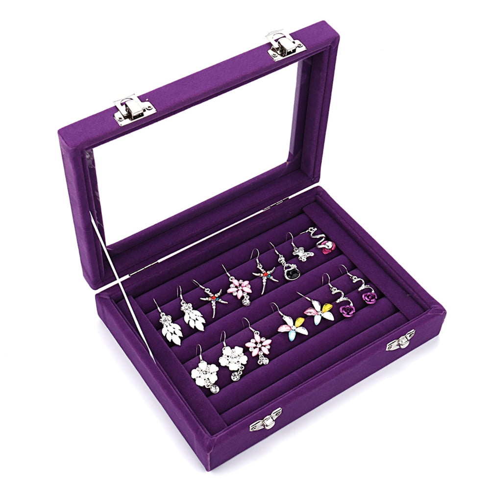 LANTWOO 7 Slots Velvet Glass Jewelry Display Storage Box Ring Earrings ...