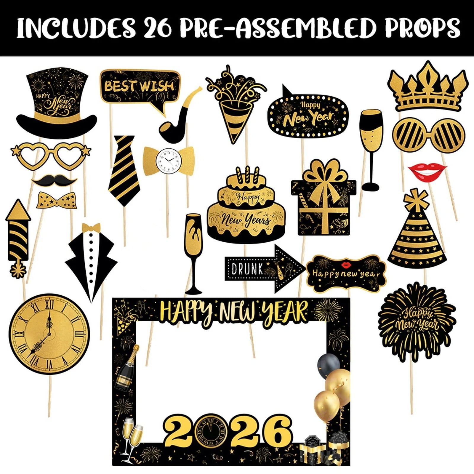 LANpengDZ 2026 New Year Photo Booth Props Set 26 Pre Assembled Handheld ...