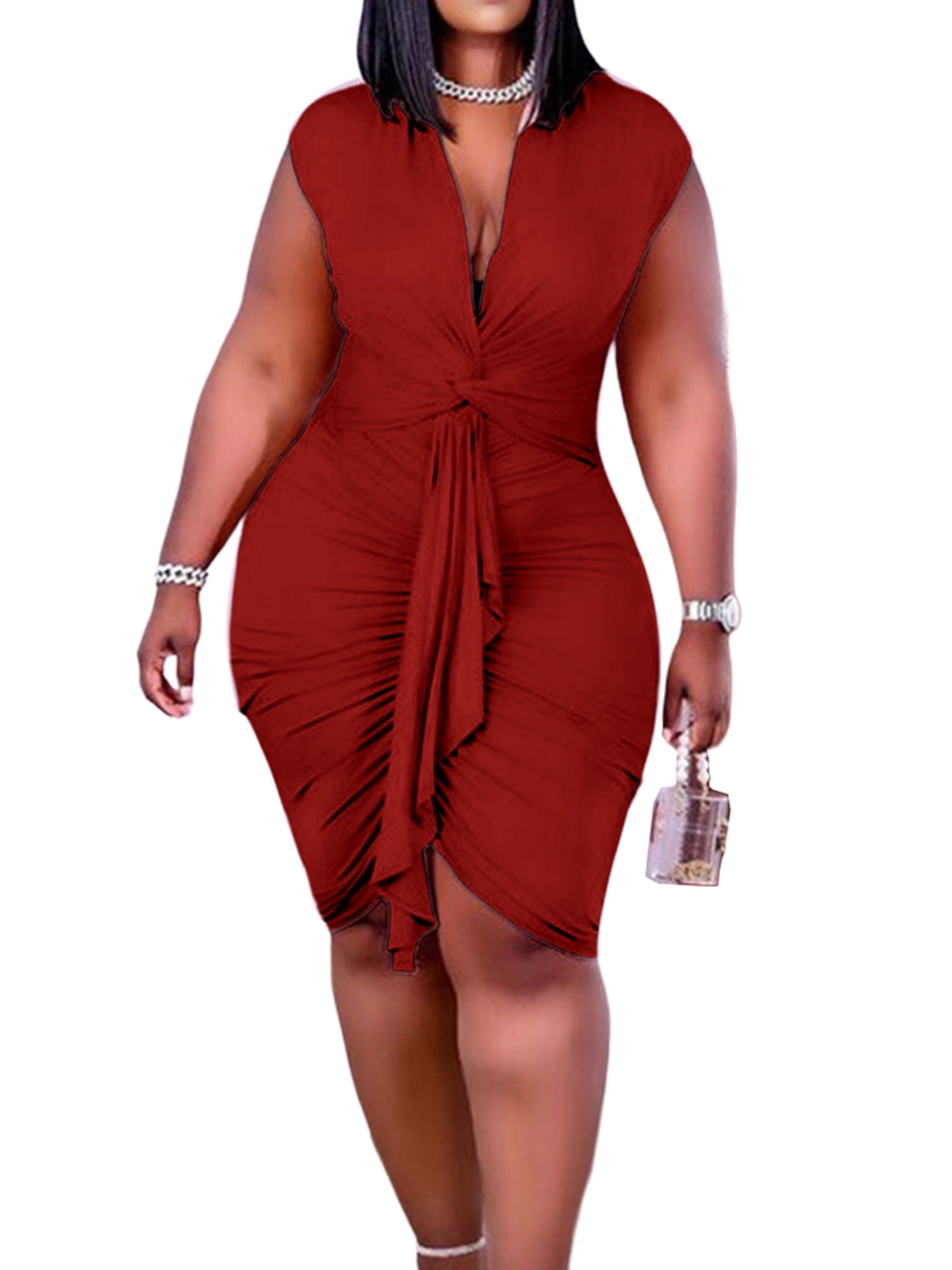 KVMeteor Plus Size Womens Cocktail Party Dress Sexy Deep V Neck Pleated Dress - Walmart.com