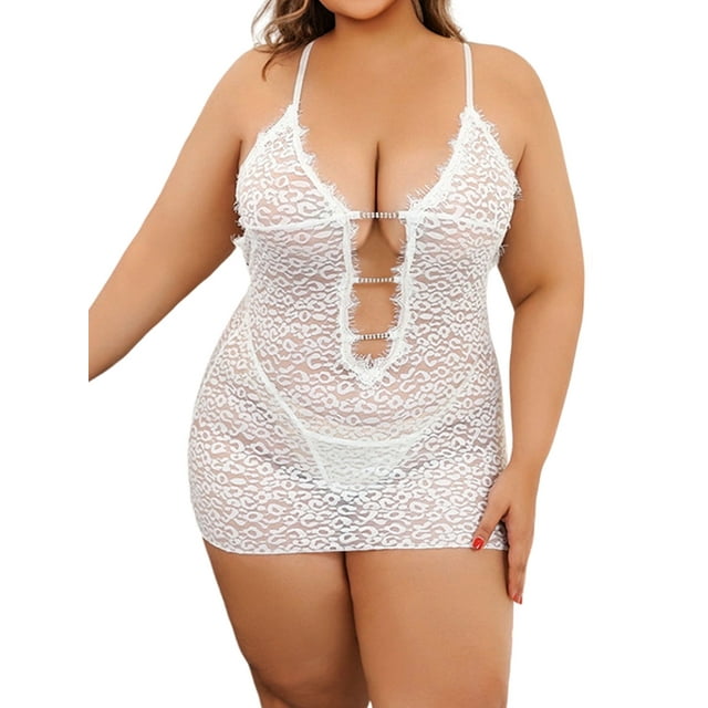 LapaPlus Women's Plus Size Lingerie Deep V-Neck Gauze Lace Chemise Nightdress, XL-5XL White ...