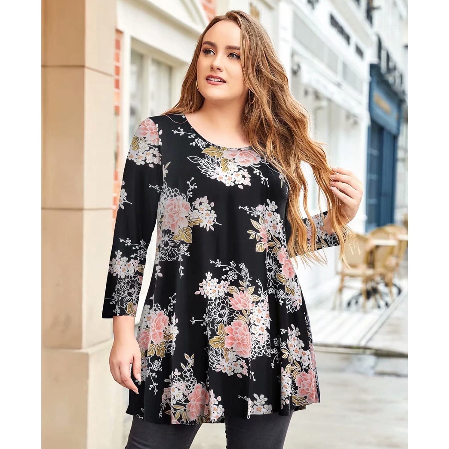 LARACE Women Plus Size Tunic Tops Long Sleeve V Neck Blouse Loose Swing ...