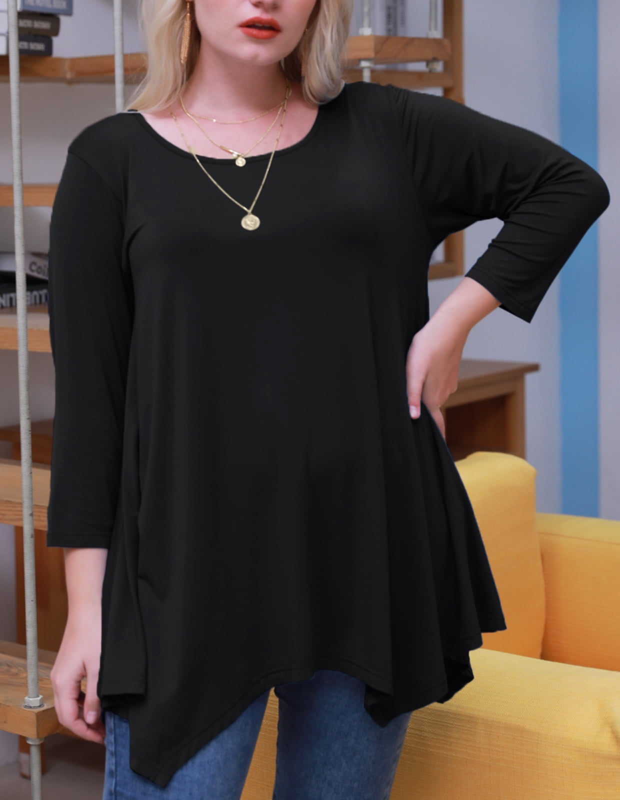 LARACE Women's Plus Size Casual Long Loose Fit 3/4 Sleeve Swing Tunic ...