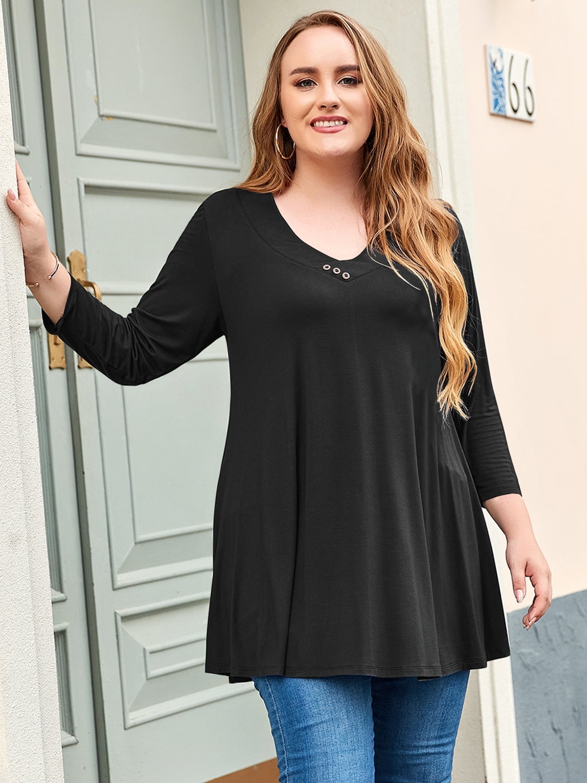 LARACE Women's Plus Size Tops 3/4 Sleeve Tunic Shirts Casual Button V ...