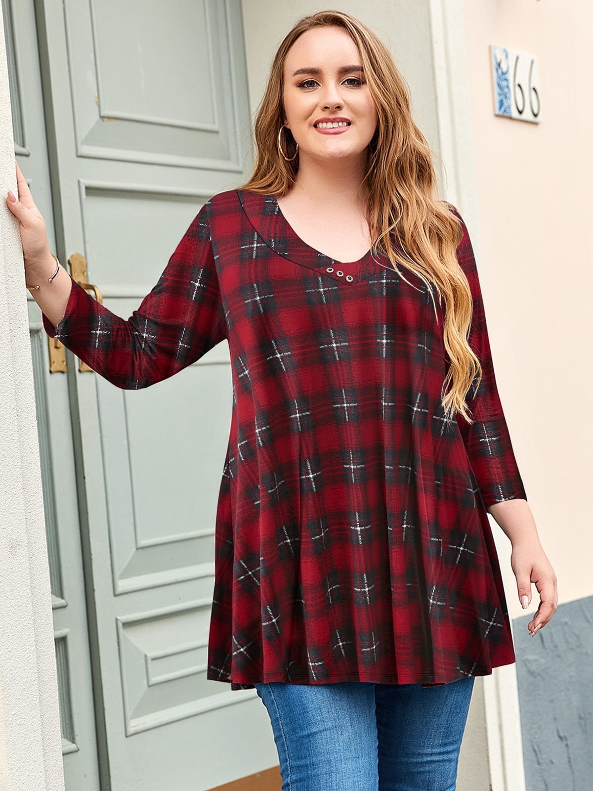 LARACE Womens Plus Size 3/4 Sleeve Tunic Tops Casual Loose Swing Shirts ...