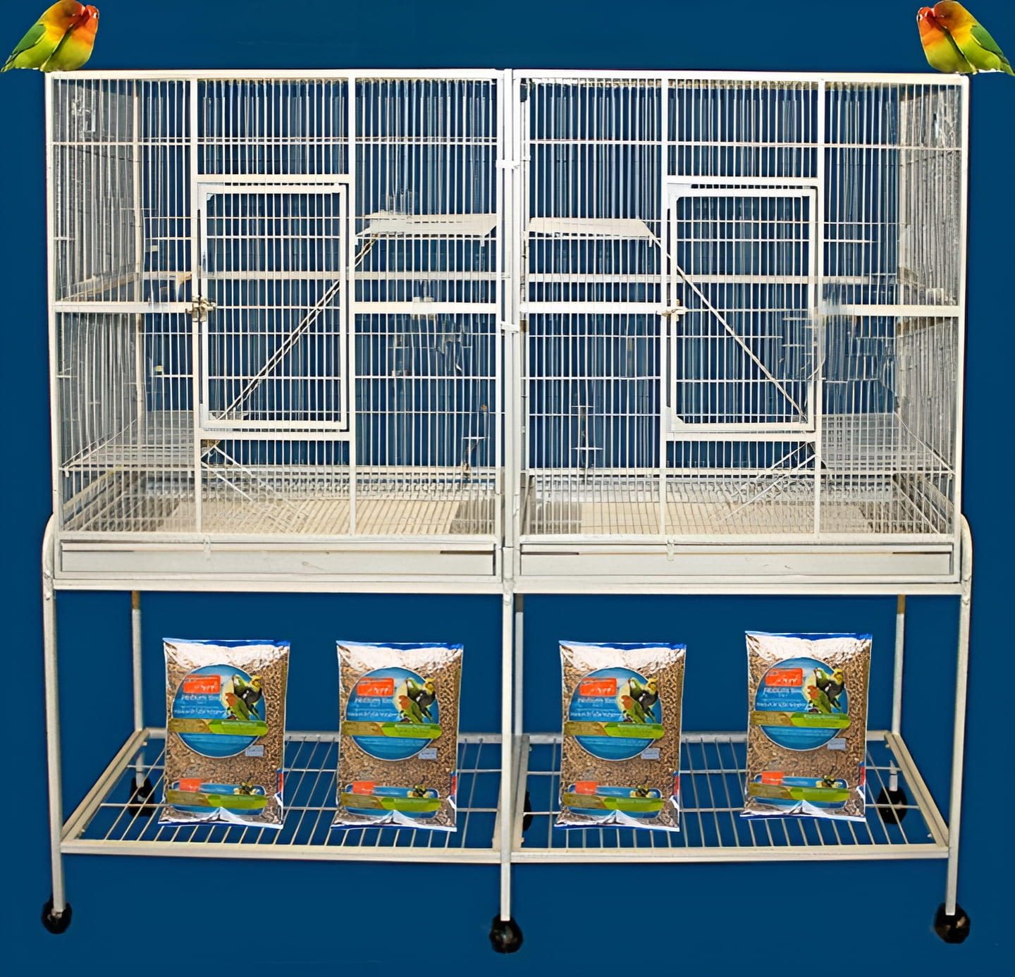 Large Double Flight Bird Cage with Divider, Nest Doors, Rolling Stand ...