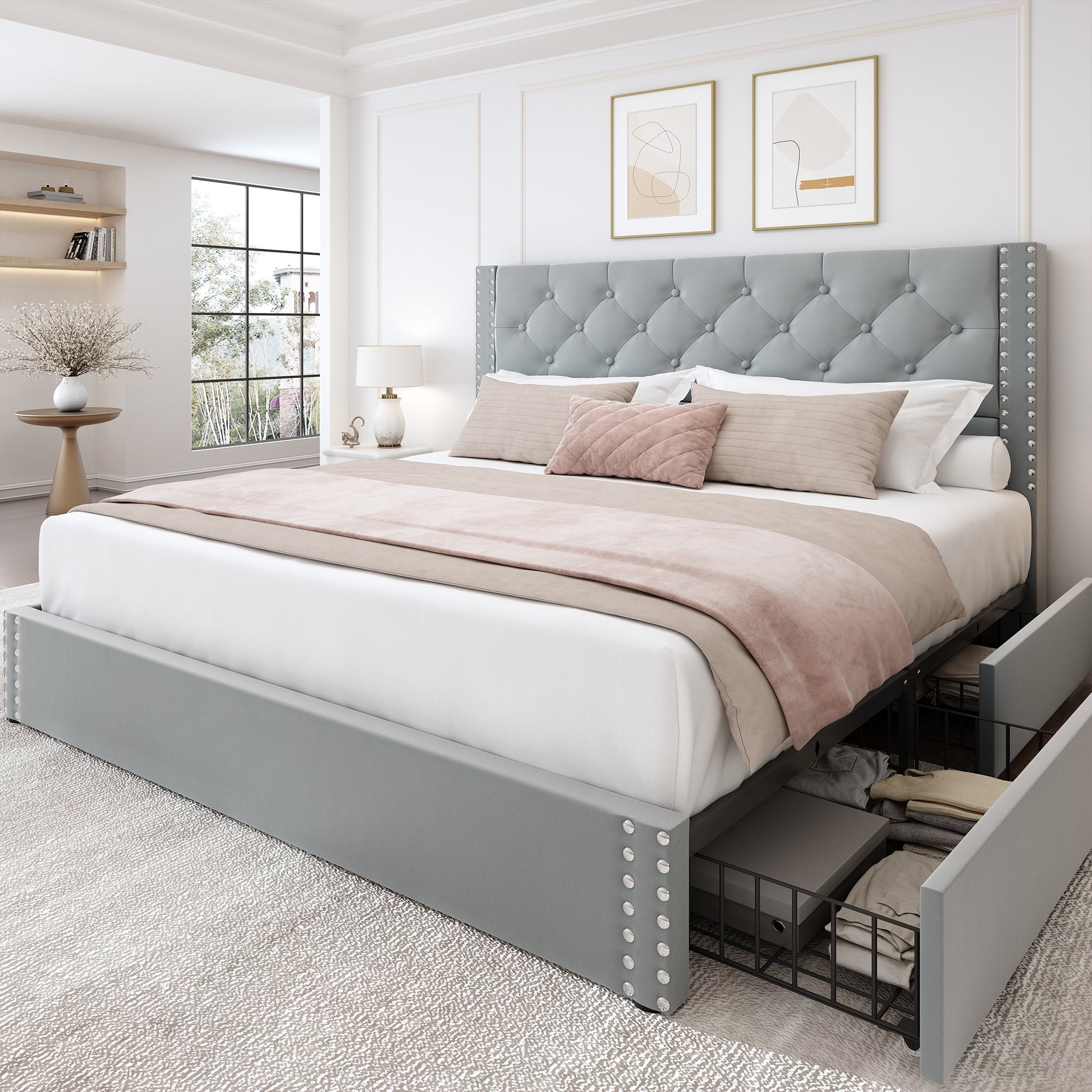 LARMACE Full Size Upholstered Bed Frame with Storage Linen Platform ...