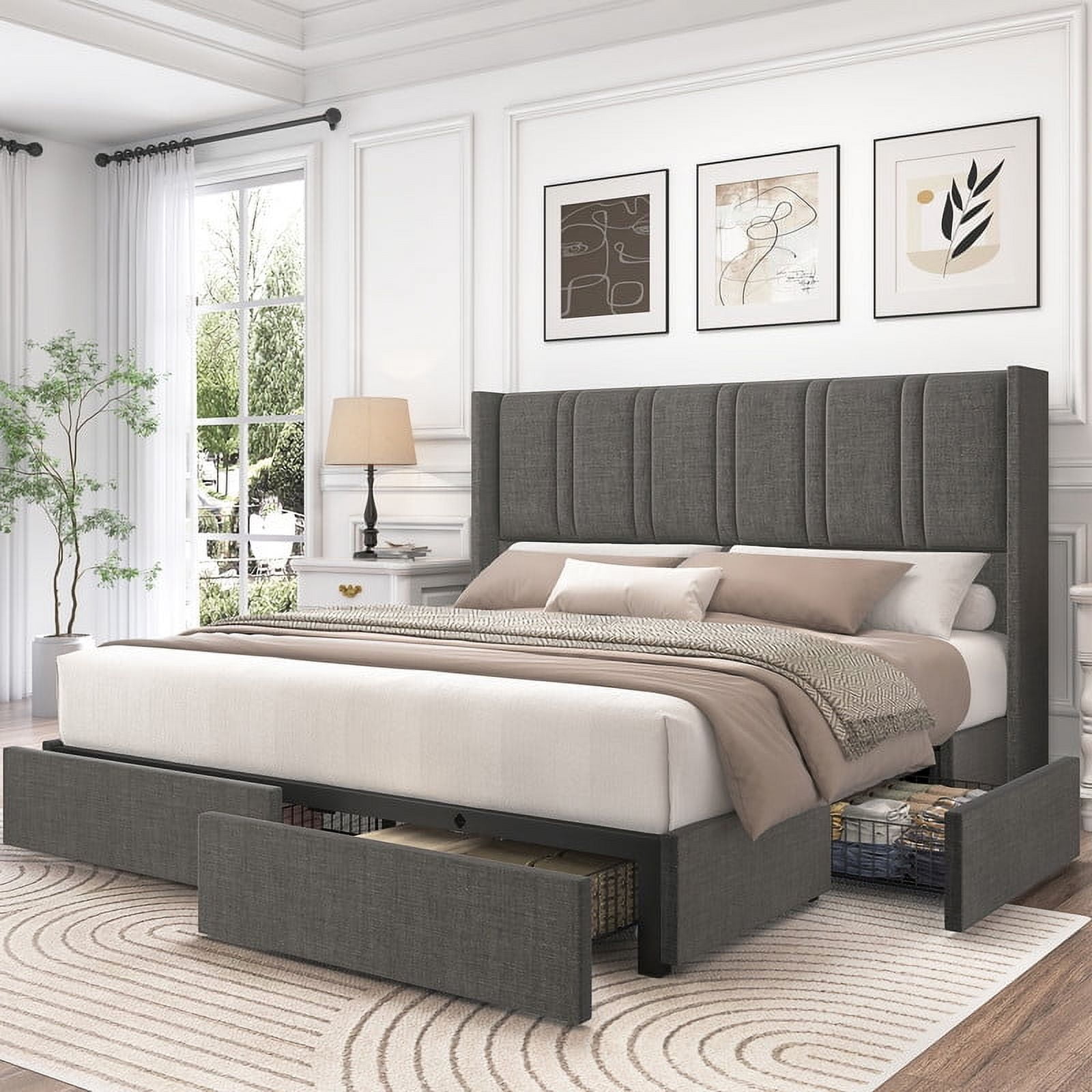 LARMACE King Size Upholstered Bed Frame with 4 Storage Drawers and ...