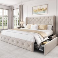 Omax Decor King Size Venice Upholstered Platform Bed in Cream Beige ...