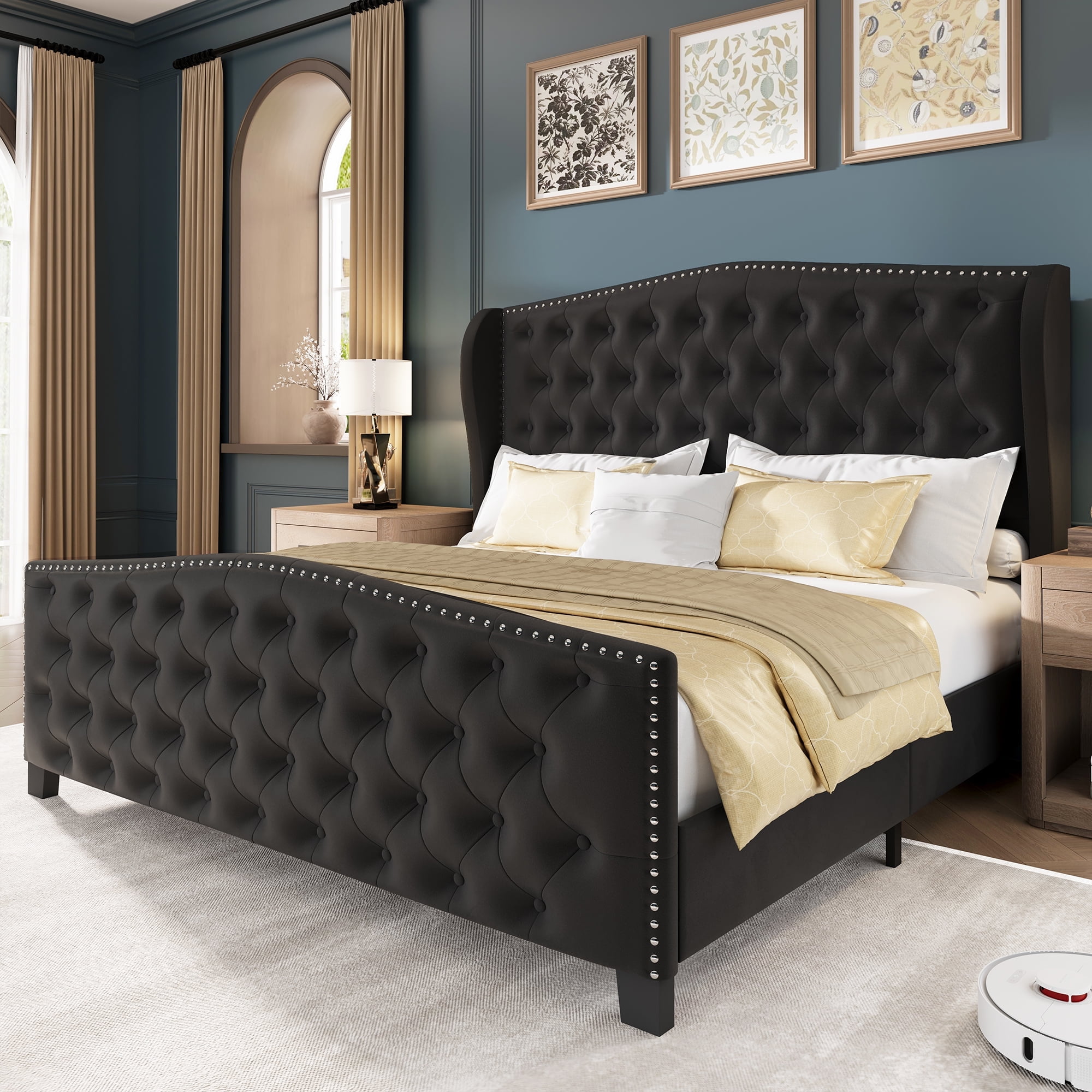 LARMACE Queen Size Bed Frame Velvet Platform Bed with Wingback ...