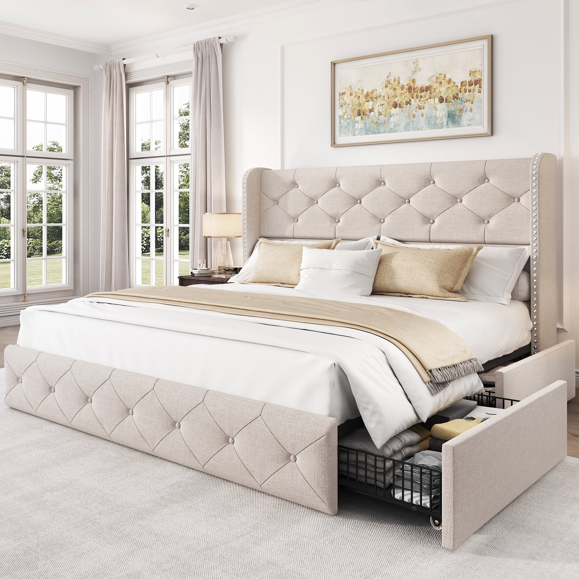 LARMACE Upholstered Full Size Bed Frame with 4 Storage Drawers and ...