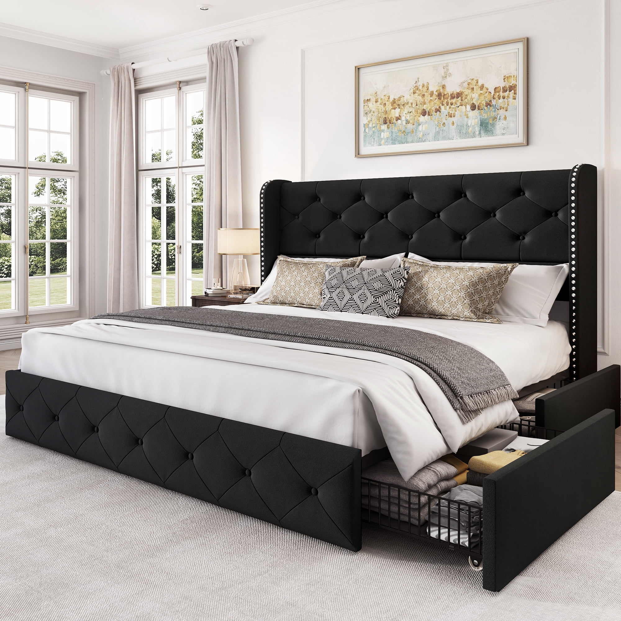 LARMACE Upholstered Full Size Bed Frame with 4 Storage Drawers and ...