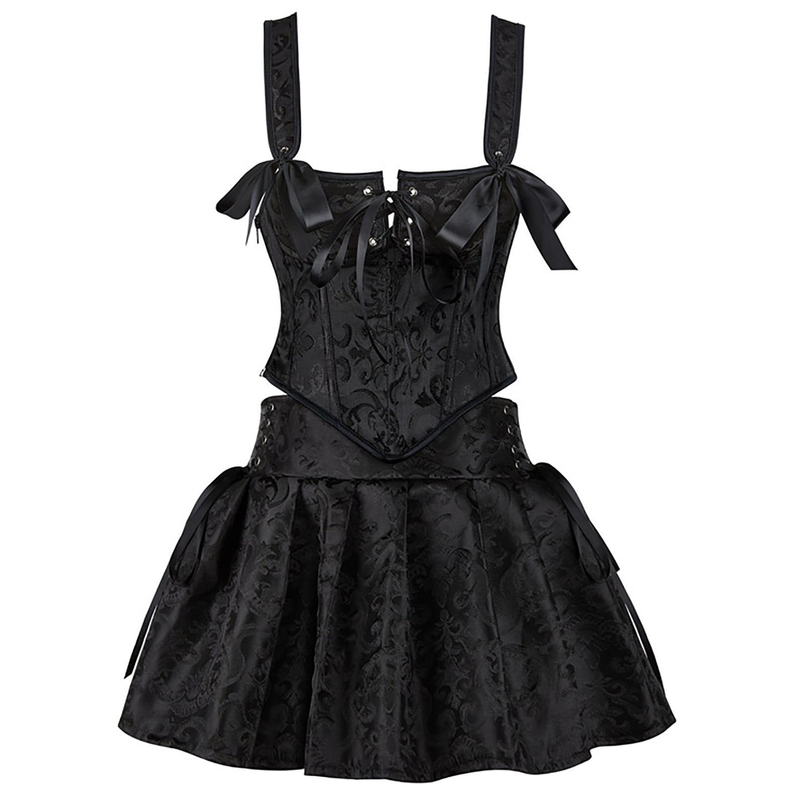 LARUYEKO Gothic Square Neck Corset with Black A Line Pleated Skirt Set ...