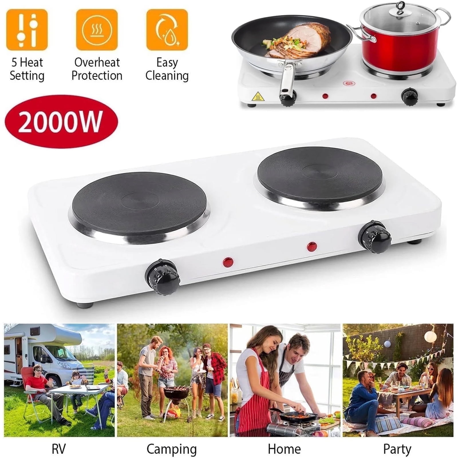 LASIEYO 2000W Portable Electric Double Burner, Dual Flat Electric Stove ...