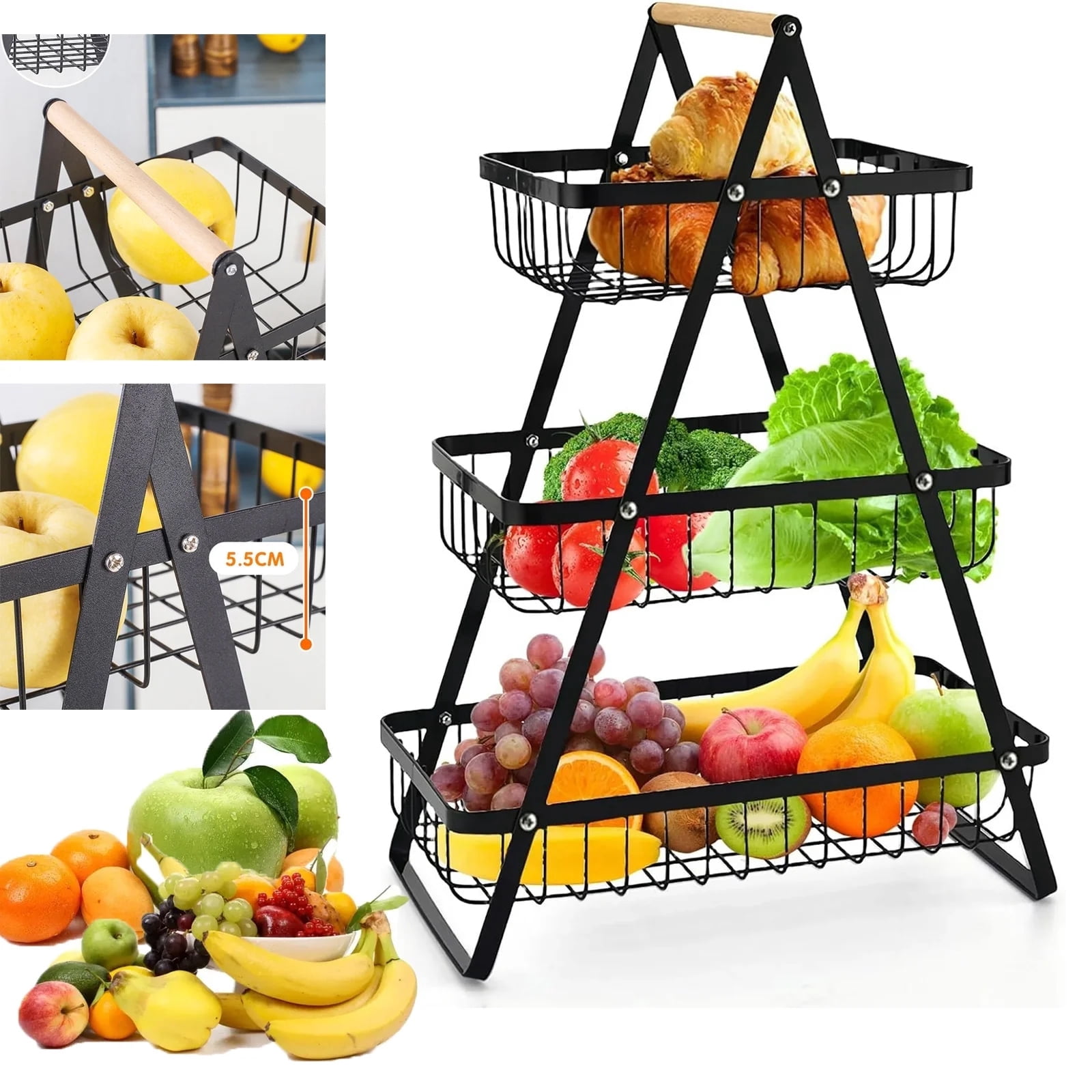 LASIEYO 3-Tier Fruit Basket for Kitchen Countertop, Stackable Vegetable ...