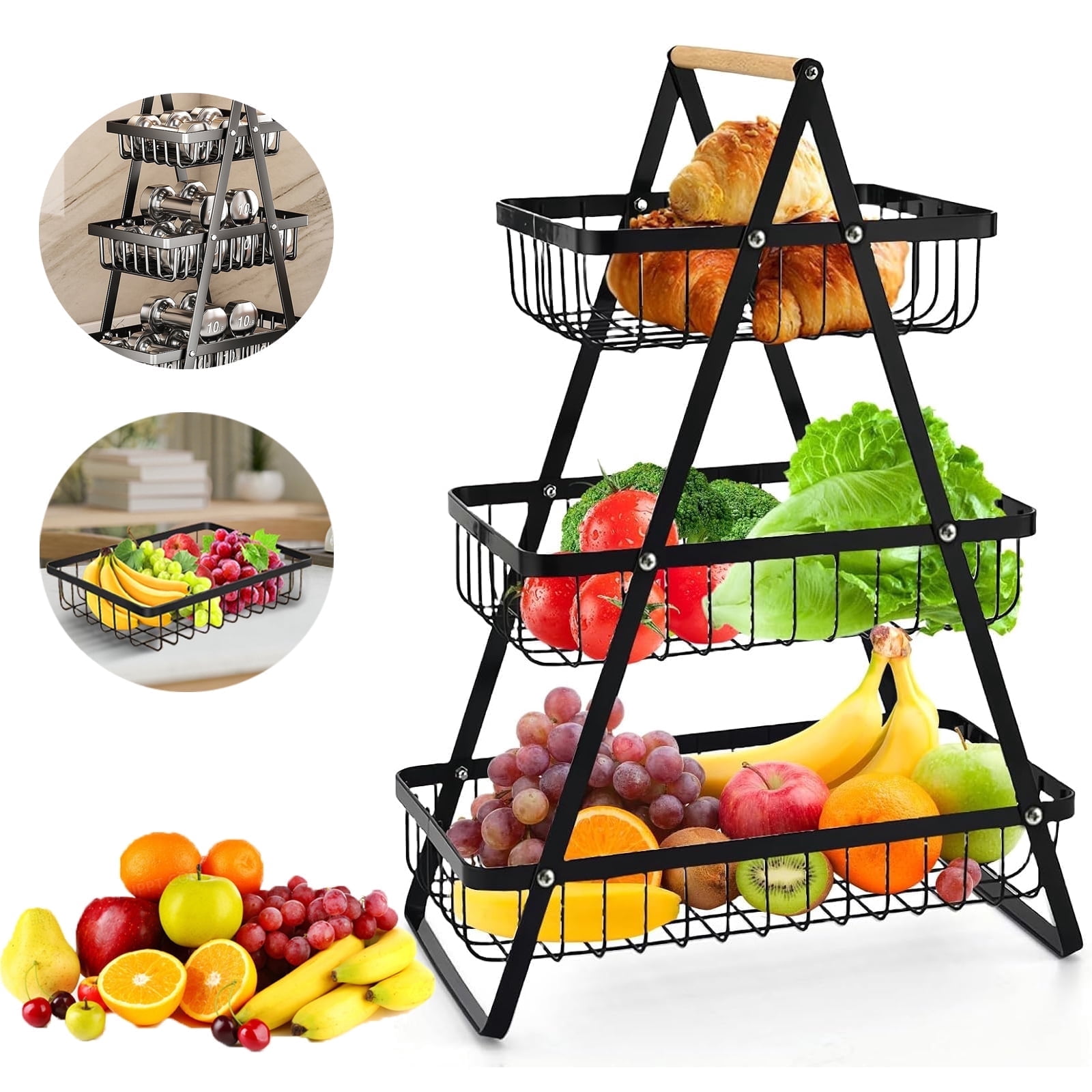 LASIEYO 3-Tier Fruit Basket for Kitchen Countertop, Stackable Vegetable ...