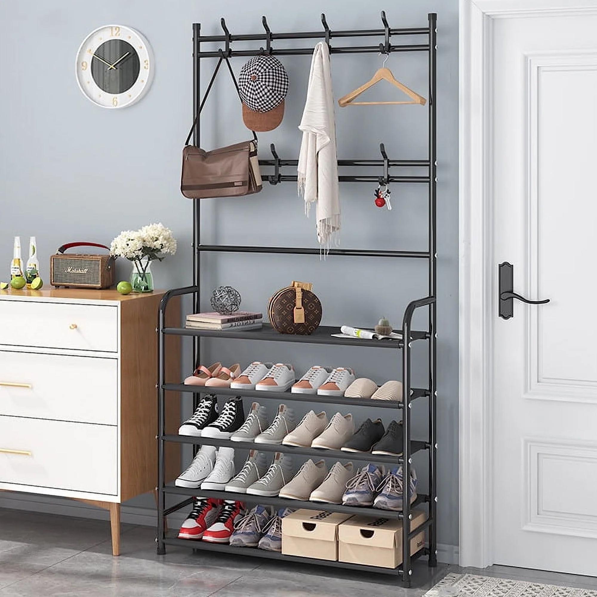 LASIEYO 5-Tier Entry Bench with Shoe Rack 8 Hooks, Entryway Coat Rack ...