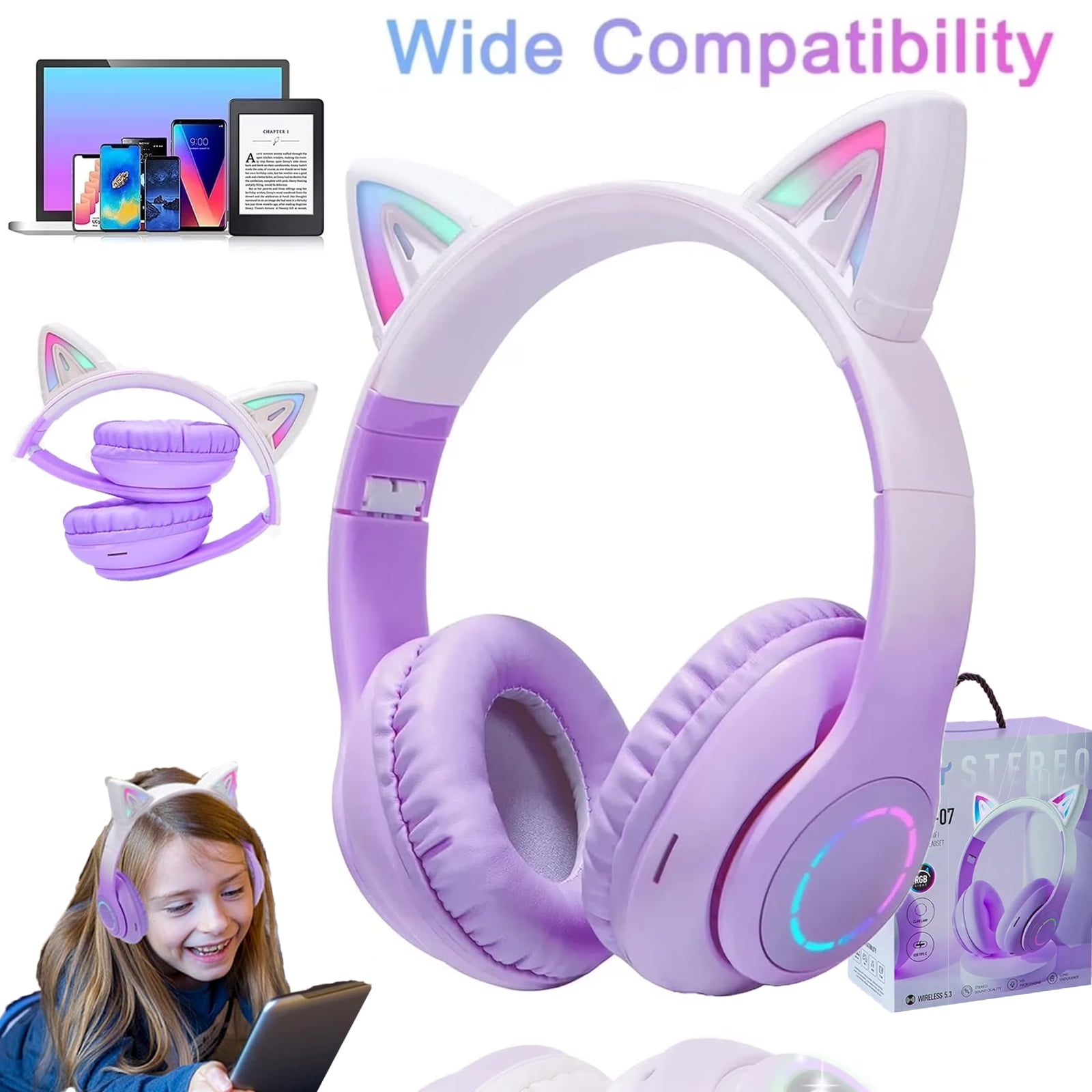 LASIEYO Kids Headphones with Microphone/RGB LED Light Up, Cat Ear ...