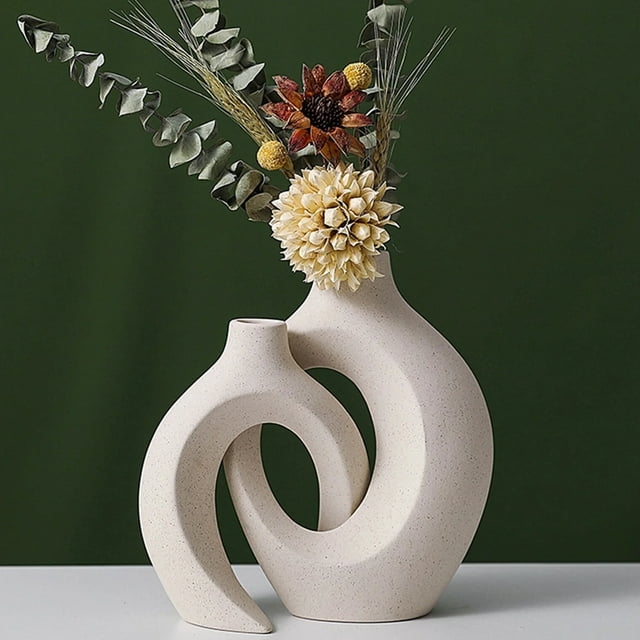 LASIEYO Ceramic Vase Set of 2, Boho Decorative Modern Donut Vase Neutral Nordic Minimalism Style ...