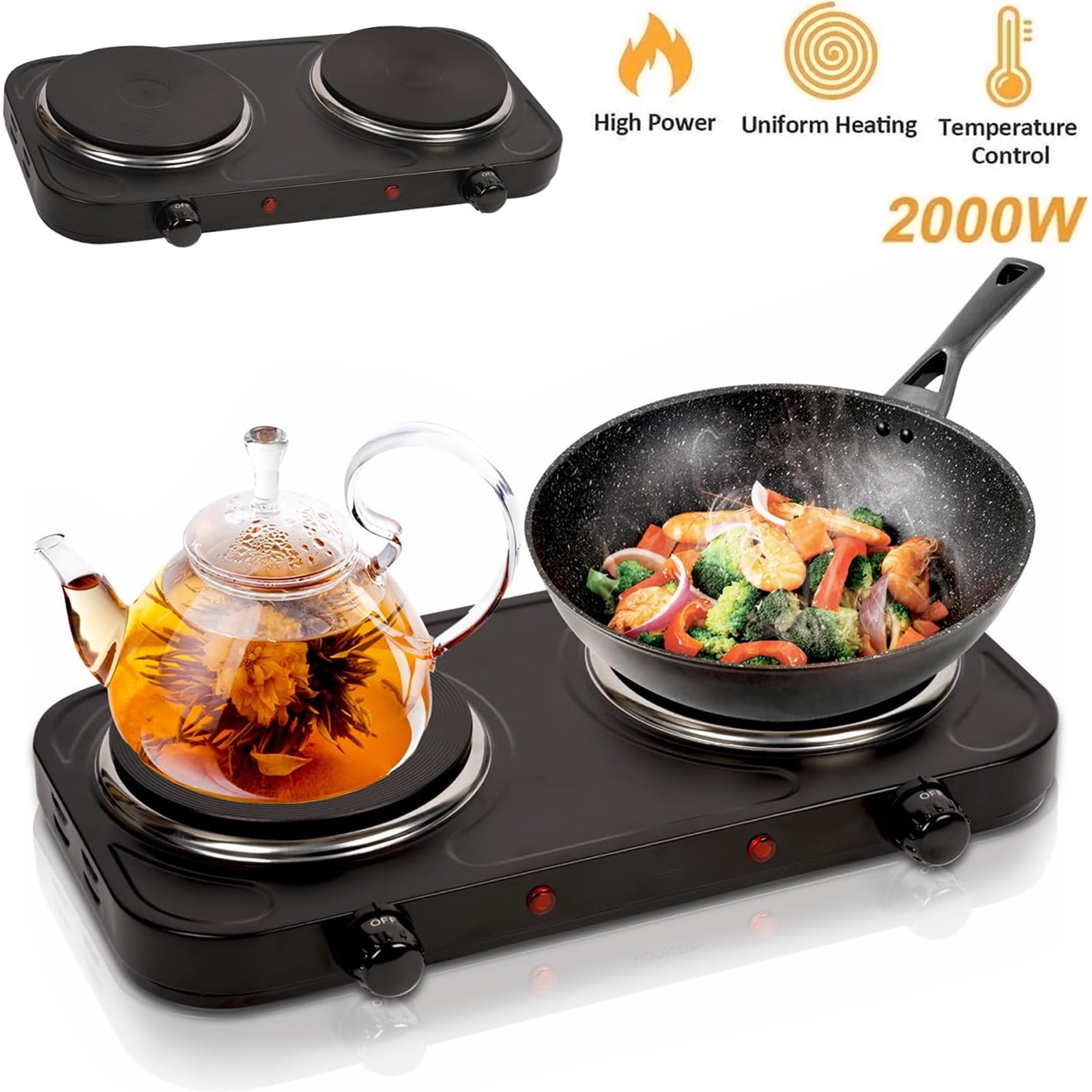 Electric Countertop Double Burner for Cooking, Portable 2000W Countertop Cast Iron Stove Burner ...