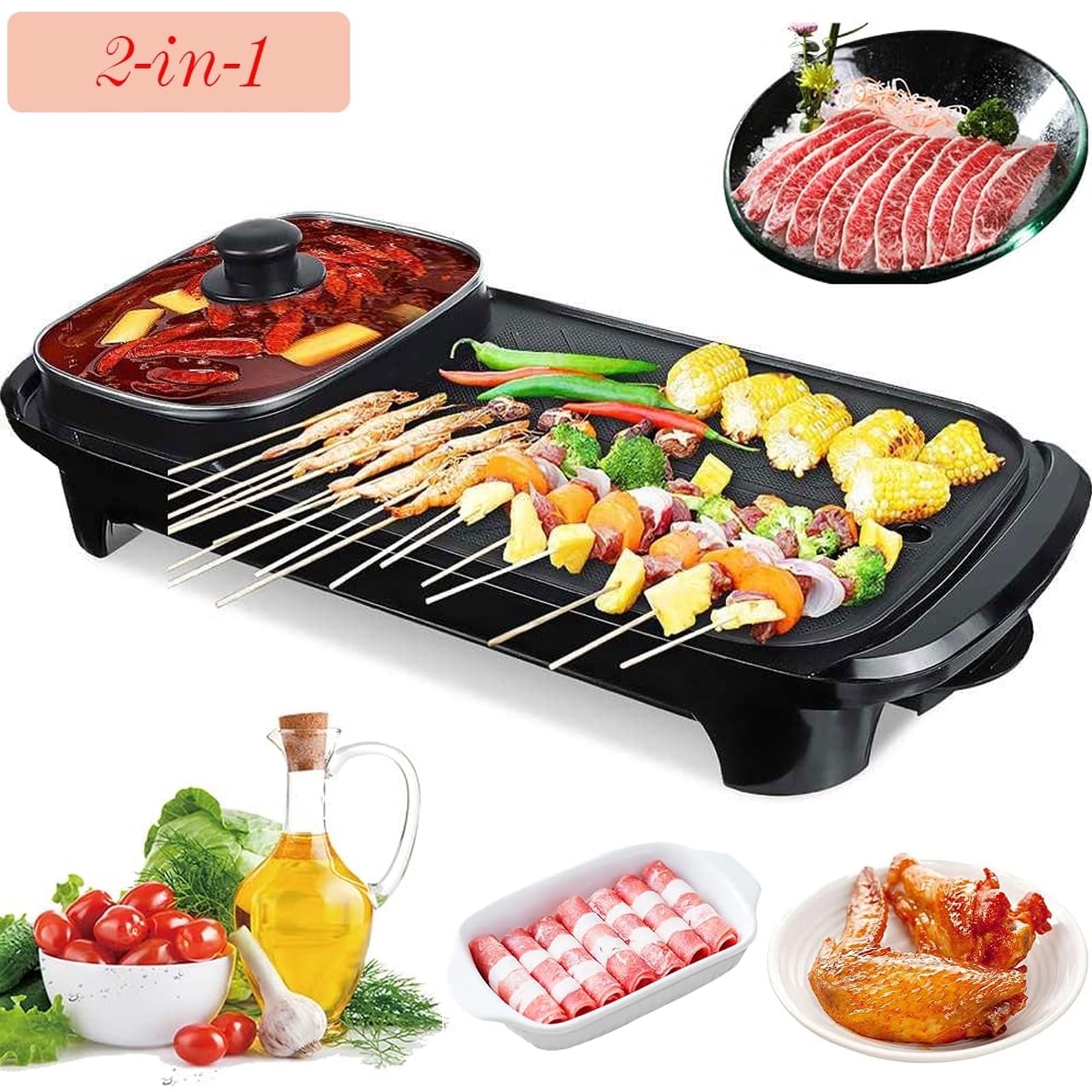 LASIEYO Electric Hot Pot and Grill, 2 in 1 Non-Stick Smokeless Hot Pot ...