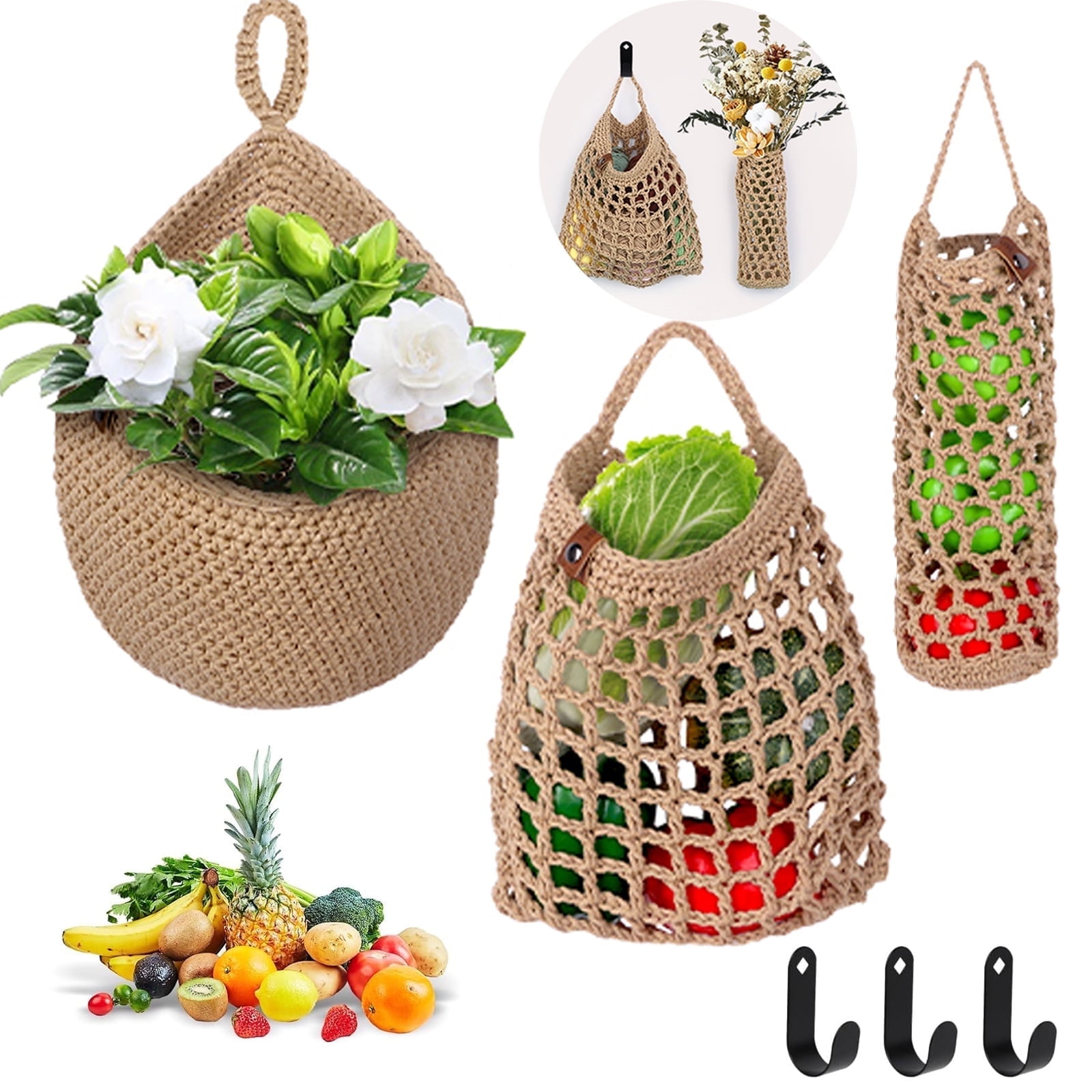 LASIEYO Hanging Fruit Baskets for Kitchen, 3 Pack Boho Wall Hanging ...