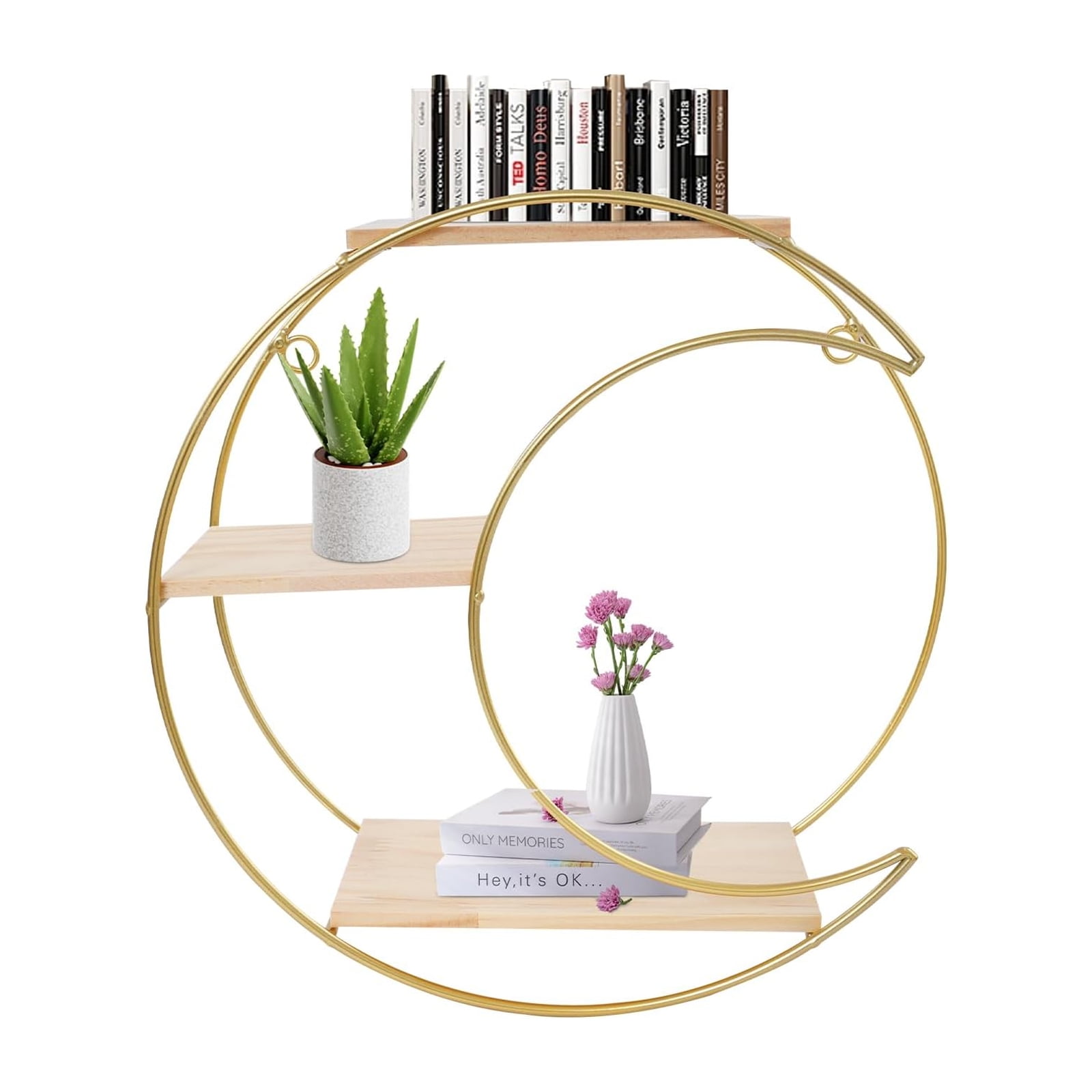 LASIEYO Round Wall Shelf, Wall-Mounted Circular Shelf, Wood & Metal ...