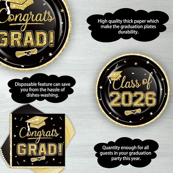 LASJPOB-2026 Graduation Party Supplies Tableware Set - 200 Pcs Black ...