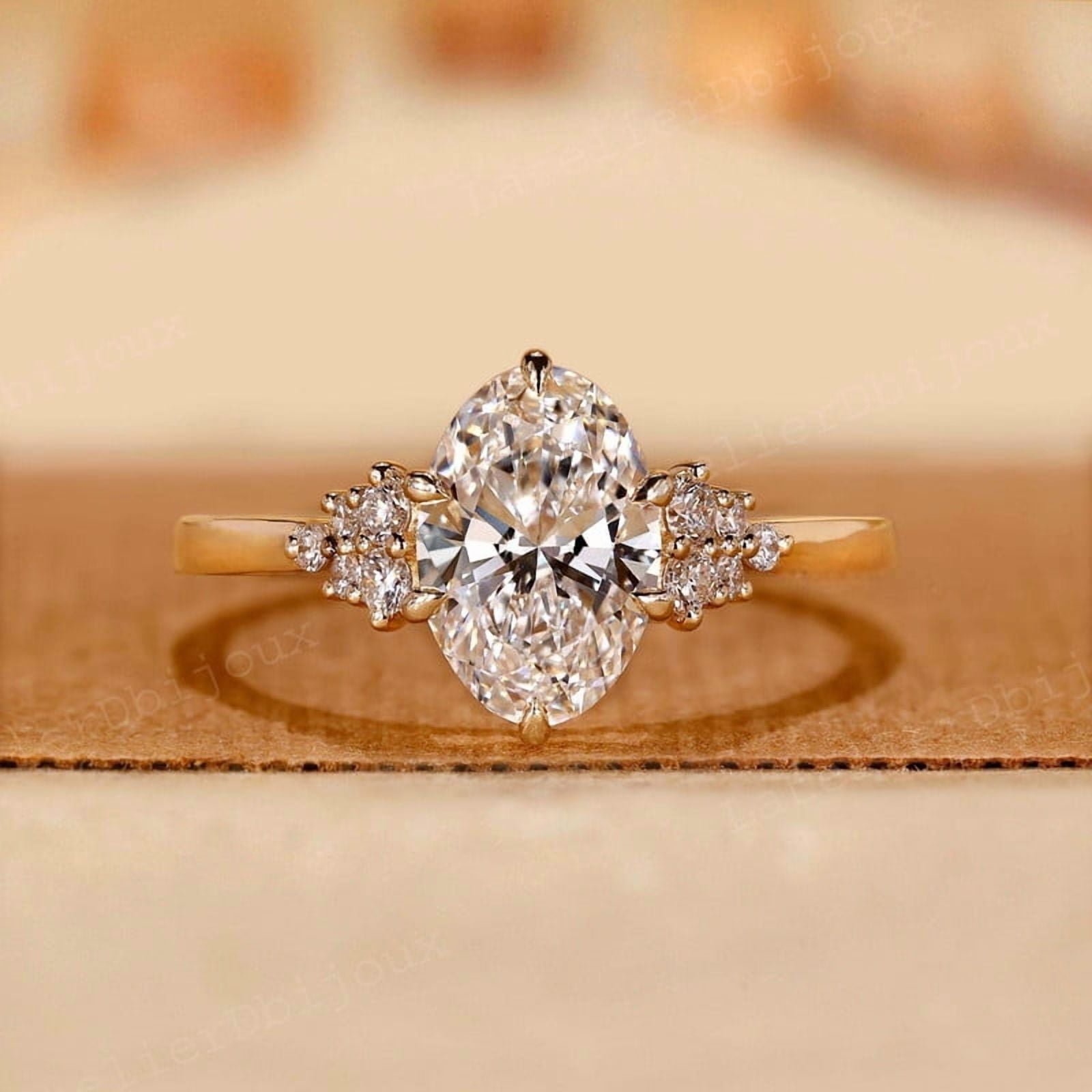 LATELIERDBIJOUX Oval Cut Lab Grown Diamond Ring, Side Stone Engagement ...