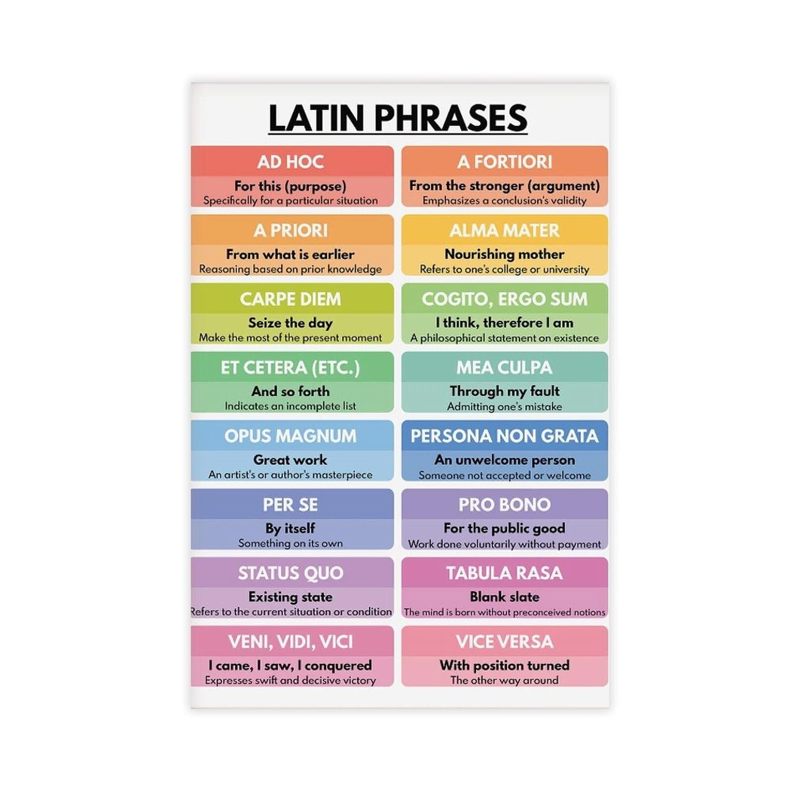 LATIN PHRASES POSTER, Vocabulary, Pastel Color Scheme, Chart for ...