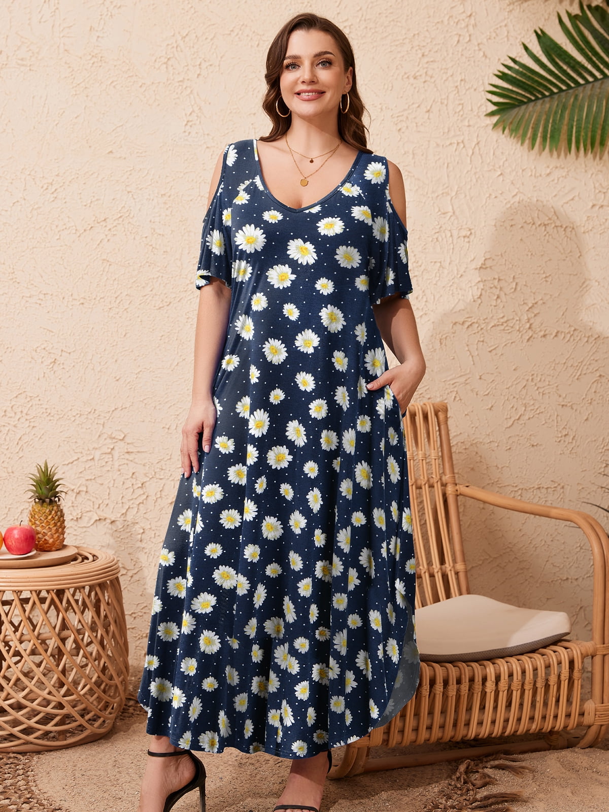 LATWIIV Fashion Women's Plus Size Summer Cold Shoulder Sundress Casual ...