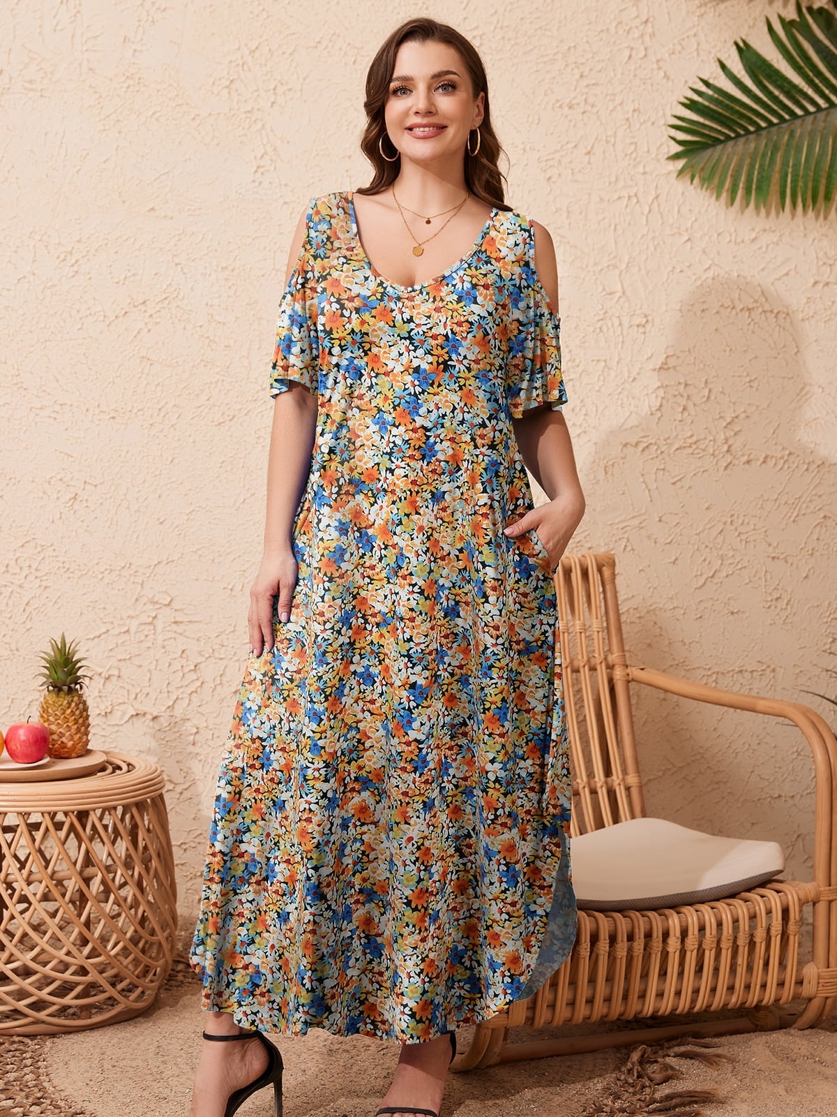 LATWIIV Fashion Women's Plus Size Summer Cold Shoulder Sundress Casual ...