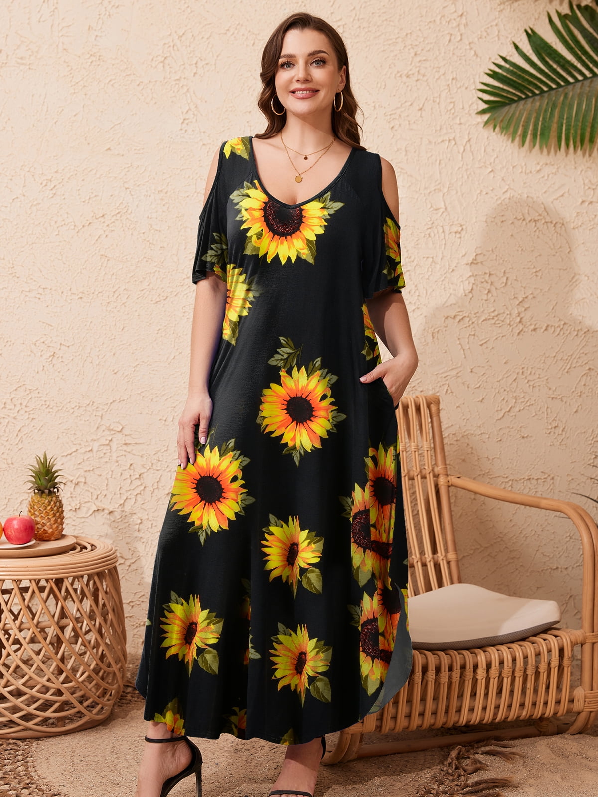 LATWIIV Fashion Women's Plus Size Summer Cold Shoulder Sundress Casual ...