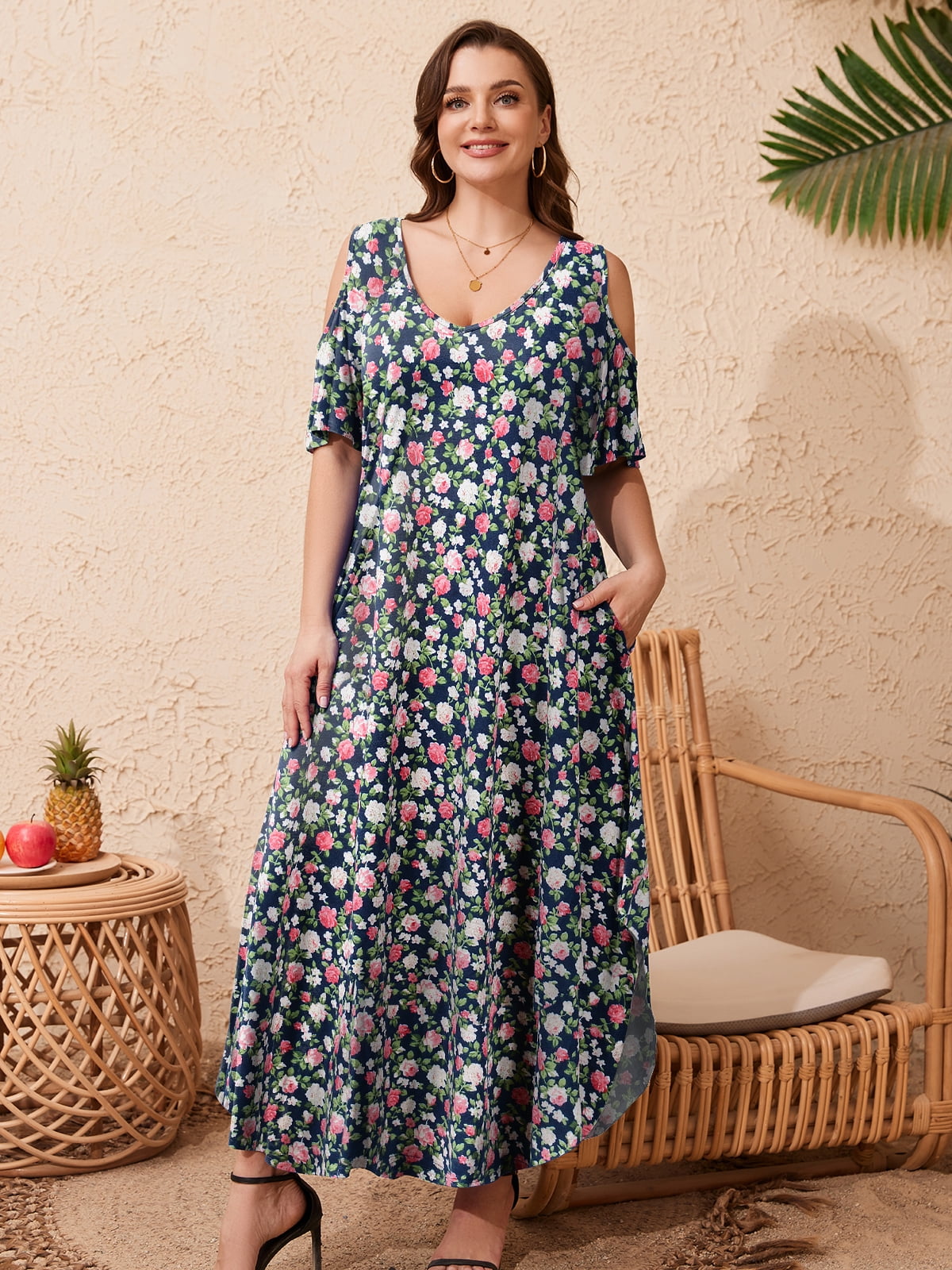 LATWIIV Maxi Dress for Women Casual Summer V Neck Cold Shoulder Short ...