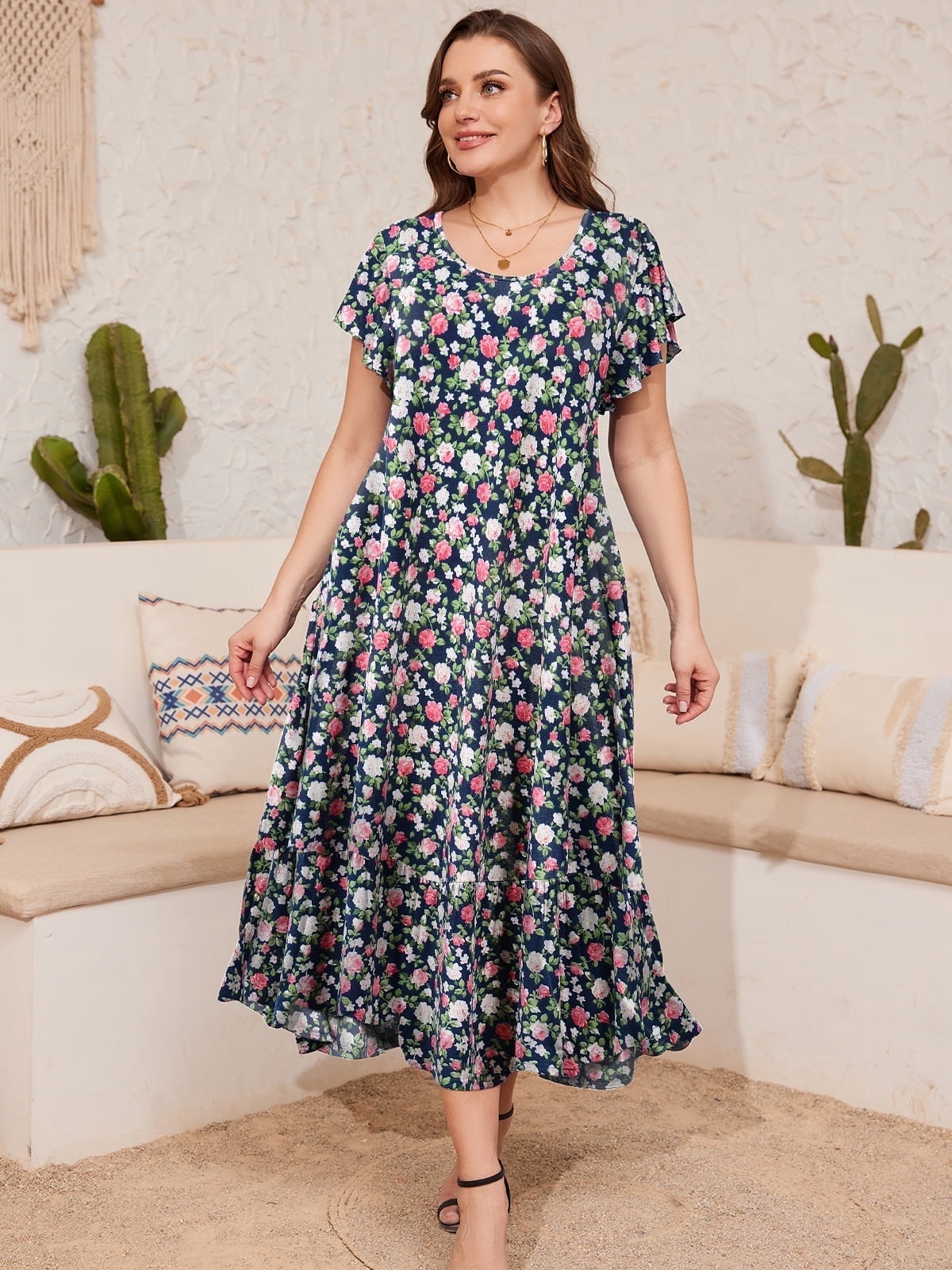 VEPKUL Women Plus Size Short Sleeve Dress Plain Casual Summer Flowy ...