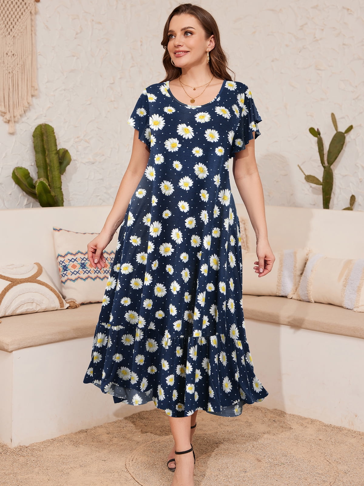 LATWIIV Women Summer Dresses 2025 Spring Fashion Boho Sleeve Round Neck ...