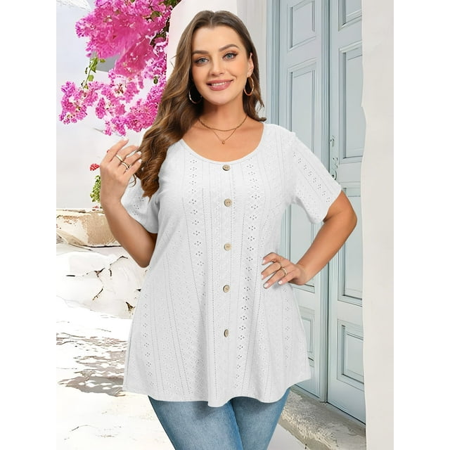 LATWIIV Womens Summer Short Sleeve Shirts Button Up Tunic Tops Casual ...