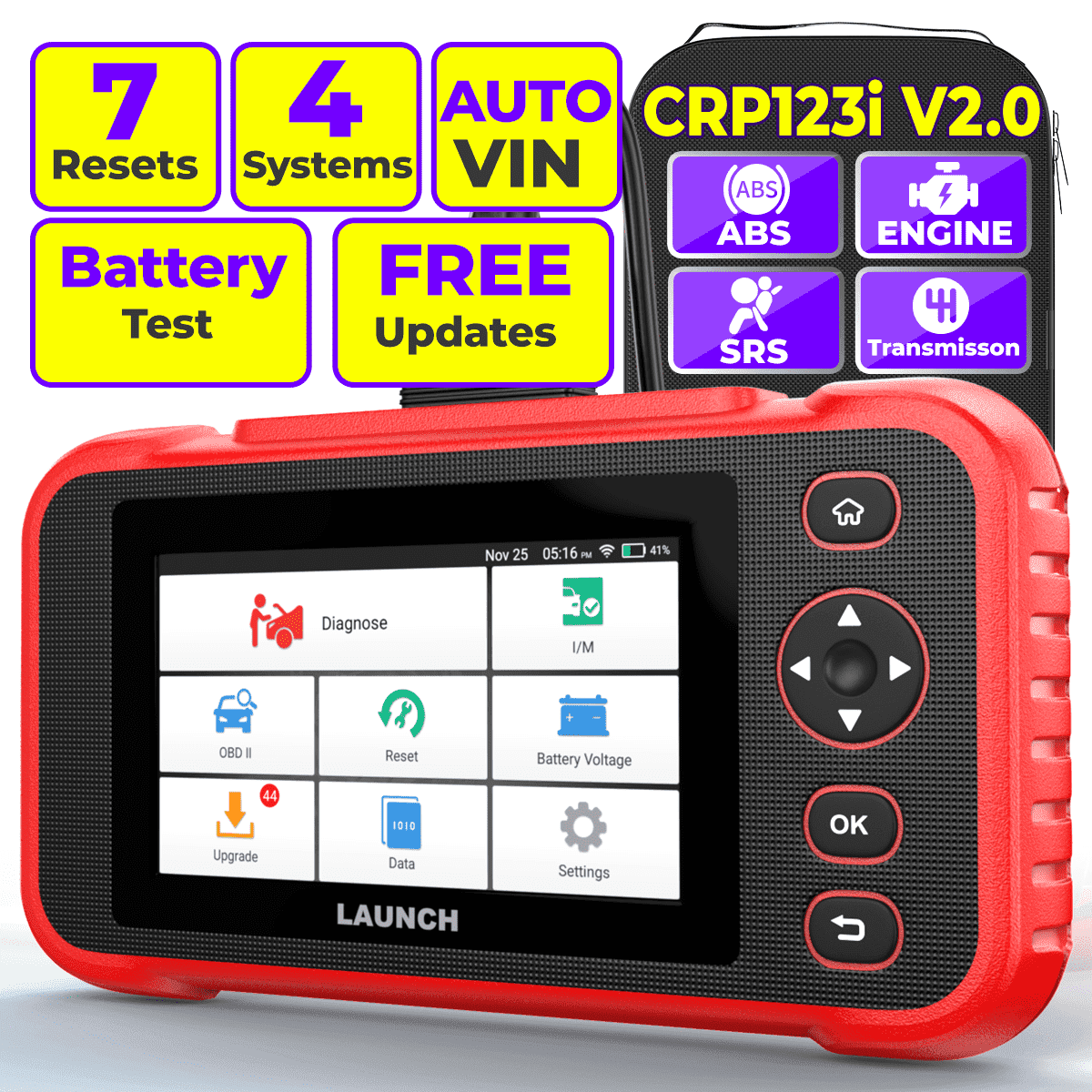 LAUNCH X431 CRP123i V2.0 OBD2 Scanner Car Diagnostic Code Reader with 7 Reset Services, FCA SGW ...