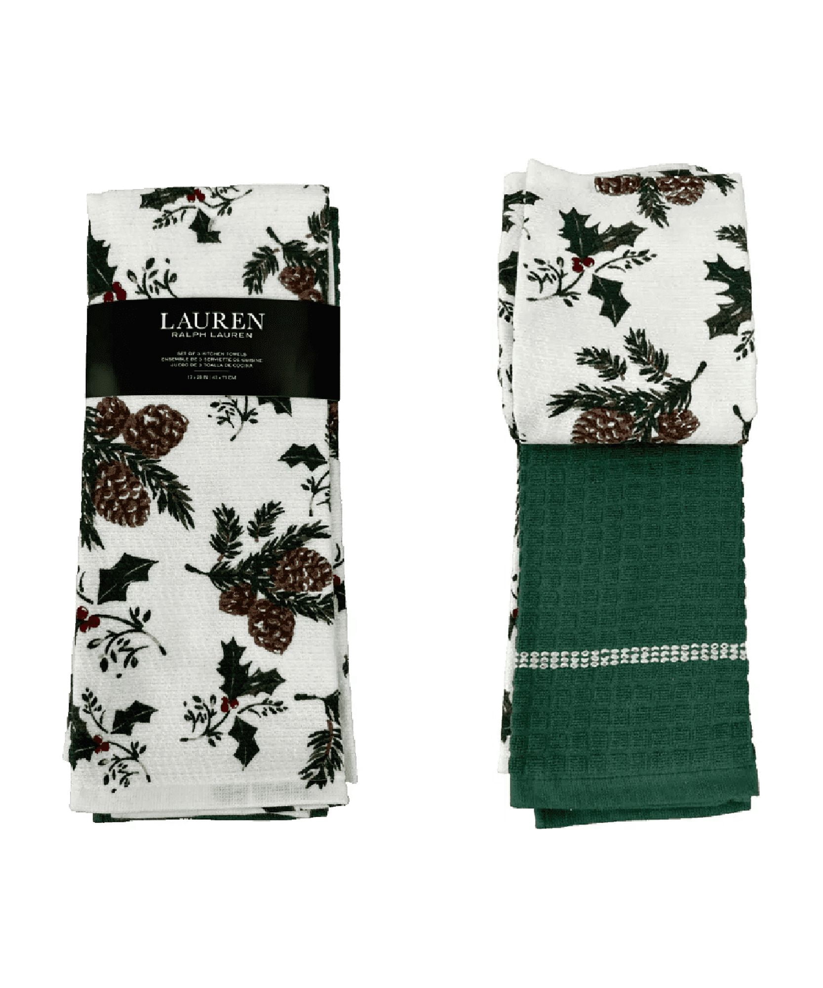 LAUREN RALPH LAUREN Holiday Pine & Holly Kitchen Towels Set of 17"x28 ...